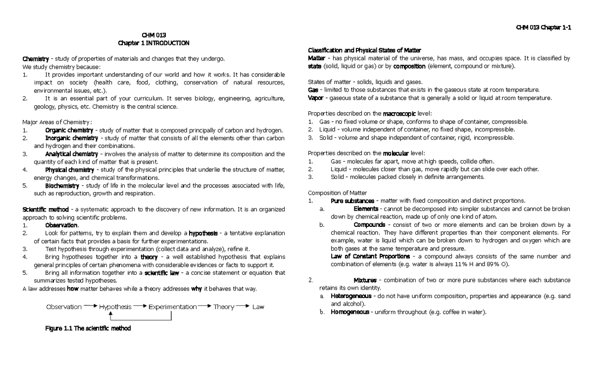 CHM013 Topic 1 Notes - CHM 013 Chapter 1 INTRODUCTION Chemistry - study ...