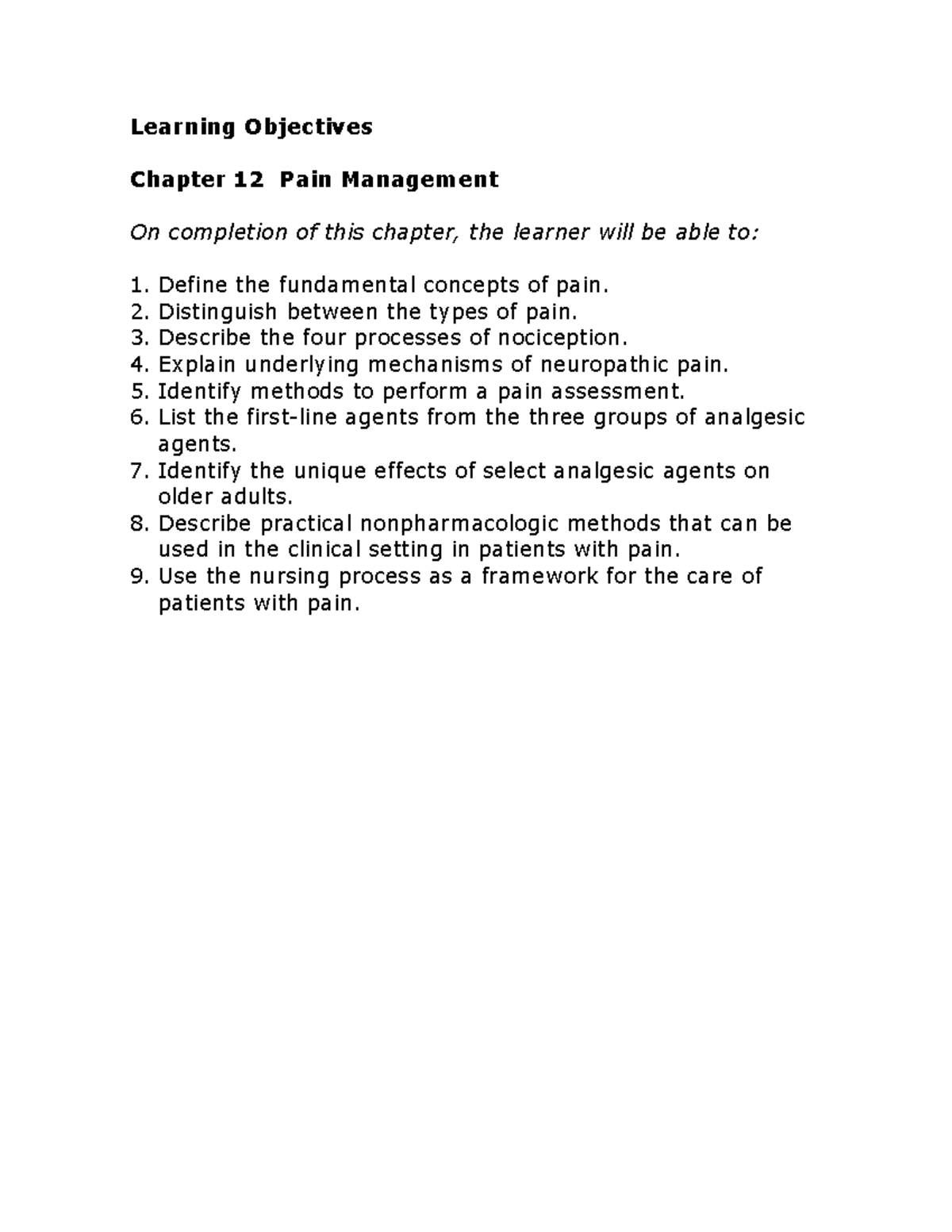 LO Chapter 12Learning objectives - Learning Objectives Chapter 12 Pain ...