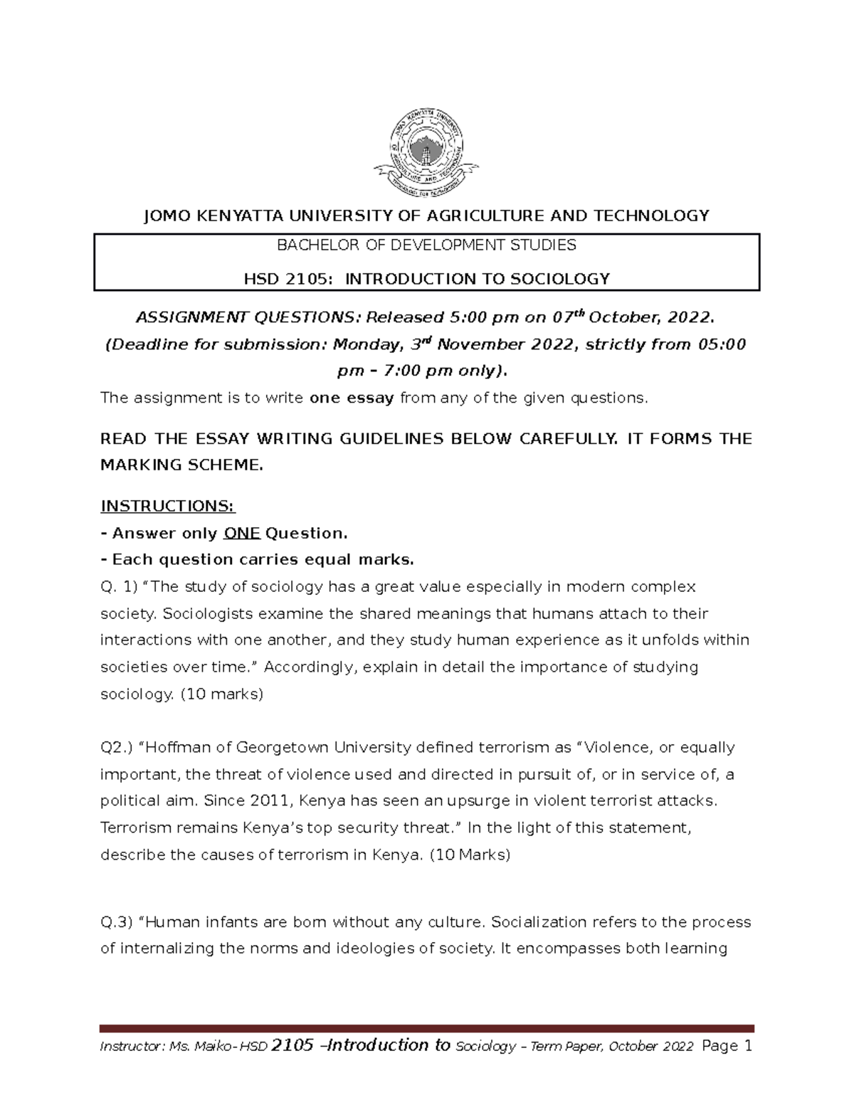 HSD 2105 - Introduction to Sociology - Individual Assignment -Term ...