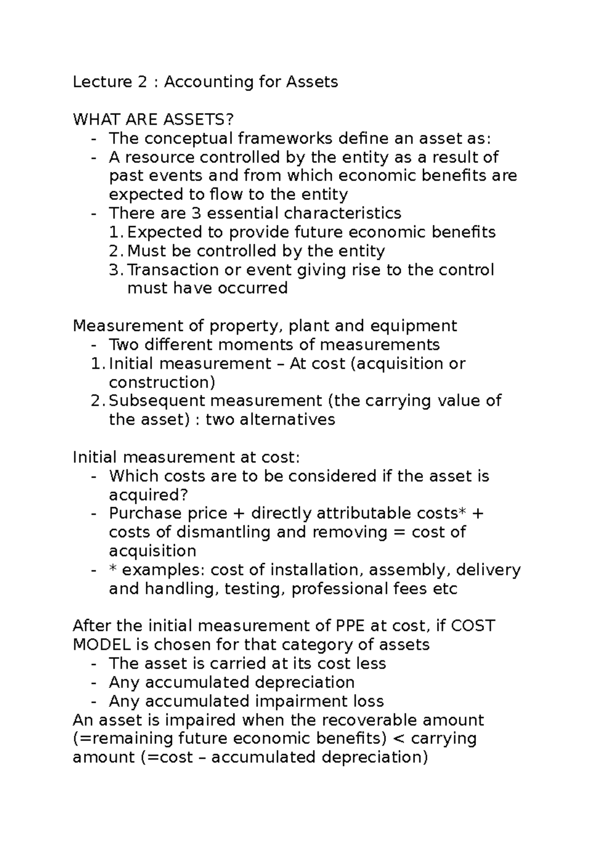 Lecture 2 - Lecture 2 : Accounting for Assets WHAT ARE ASSETS? - The ...