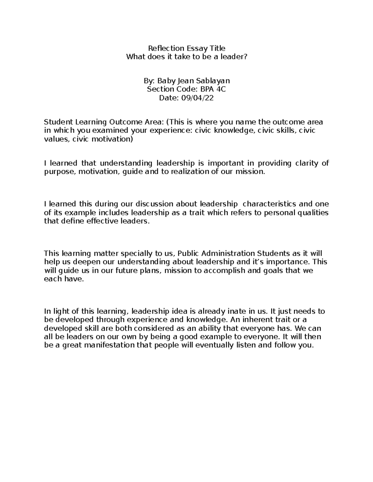 Reflective%20 Essay%20final - Reflection Essay Title What does it take ...