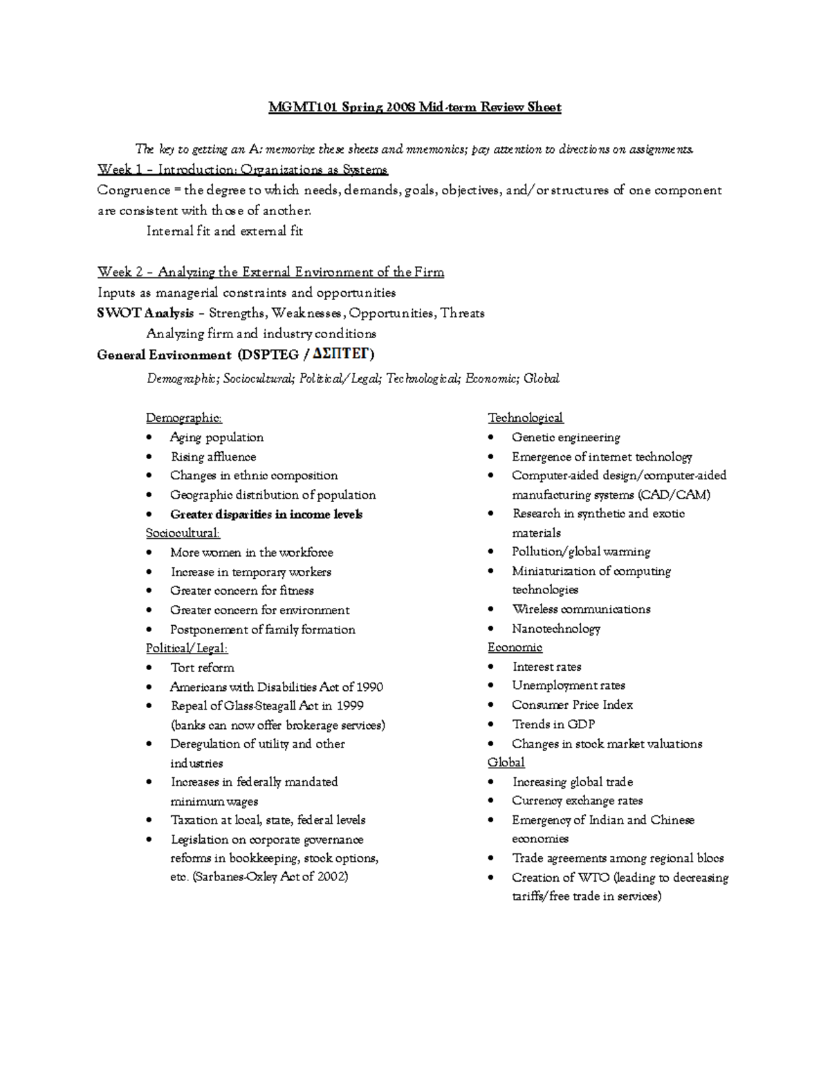 MGMT101 Midterm and Final Review Sheets - MGMT101 Spring 2008 Mid-term ...