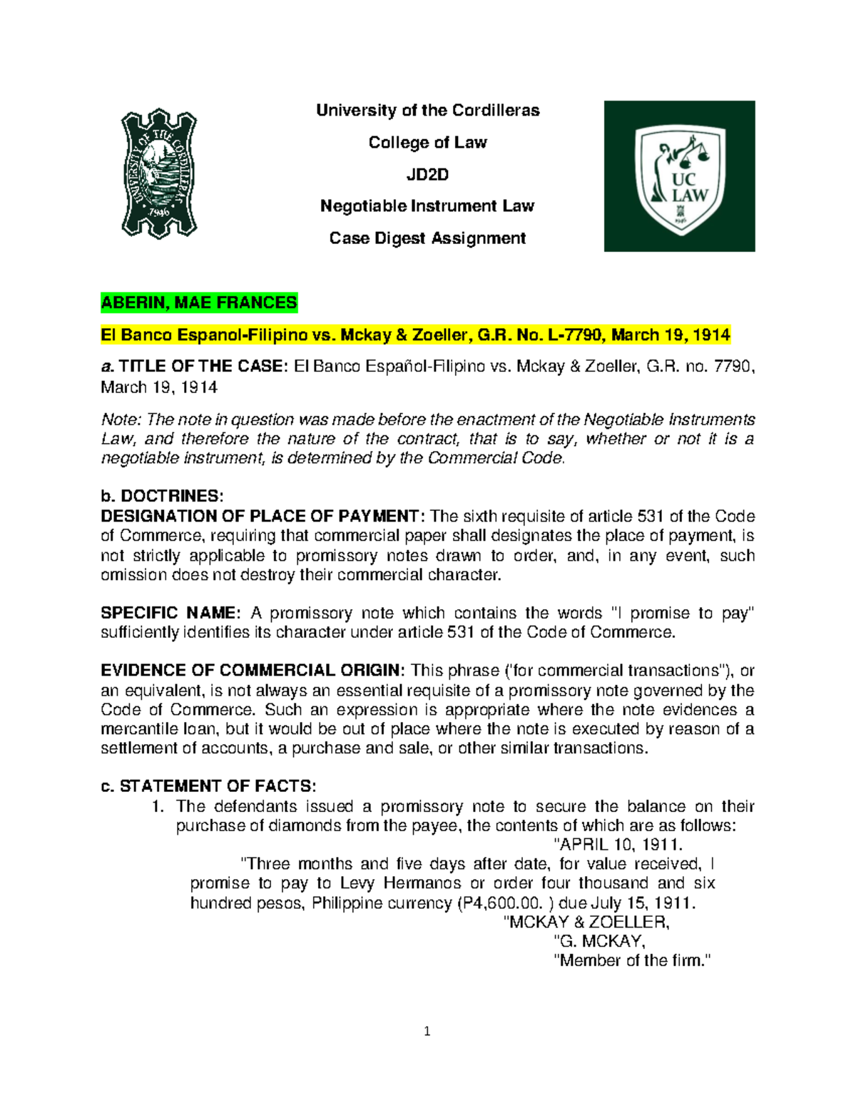 CASE Assignment - University of the Cordilleras College of Law JD2D ...