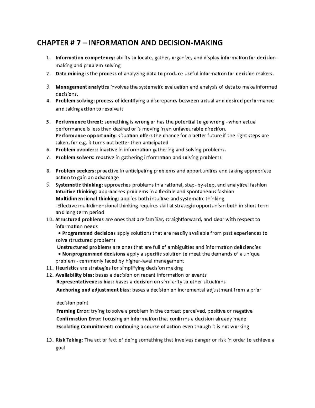 Test Ch#7 - Notes - CHAPTER # 7 – INFORMATION AND DECISION-MAKING ...