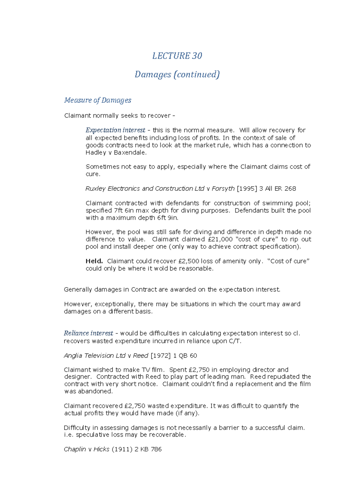Lecture 30 Damages Continued 2020-21 - LECTURE 30 Damages (continued) Measure of Damages ...