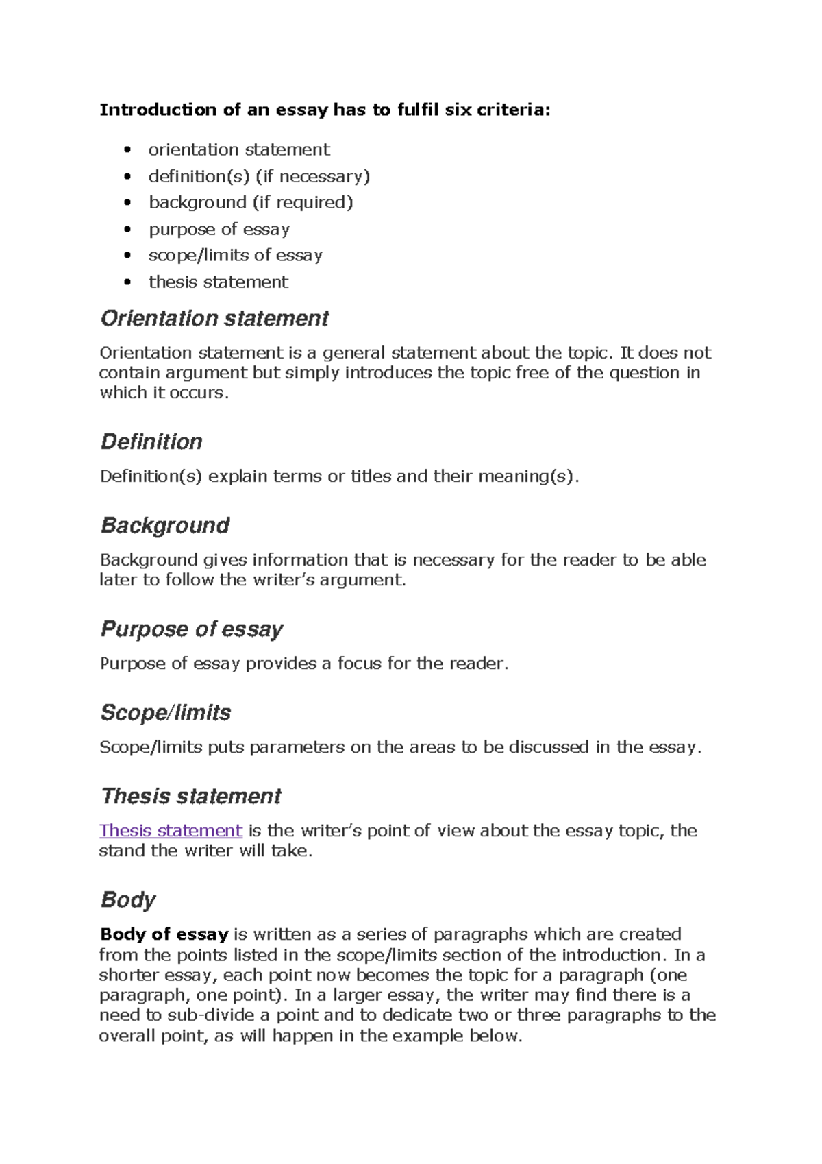 Essay structure - Introduction of an essay has to fulfil six criteria ...