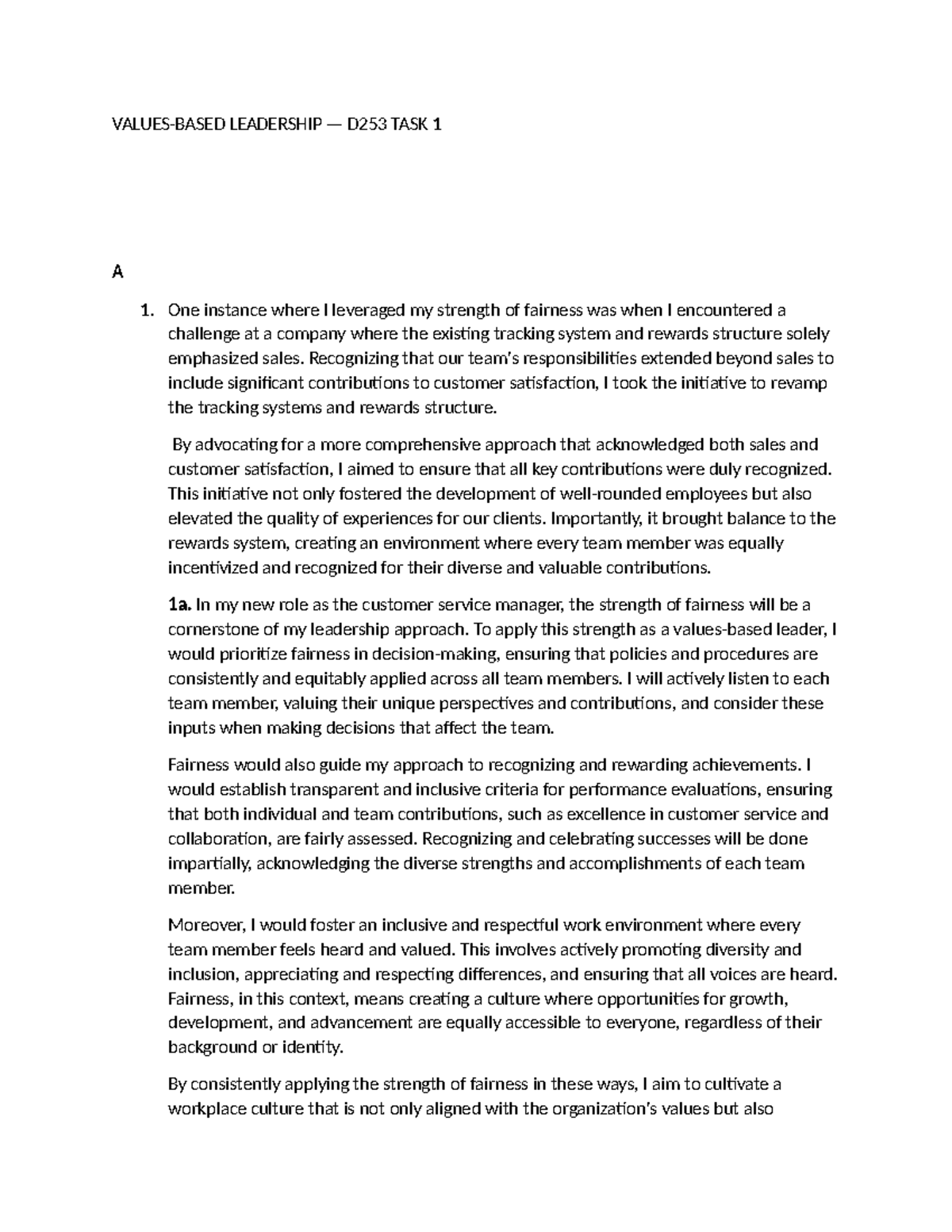 D253 Task 1 - Passed - VALUES-BASED LEADERSHIP — D253 TASK 1 A One ...