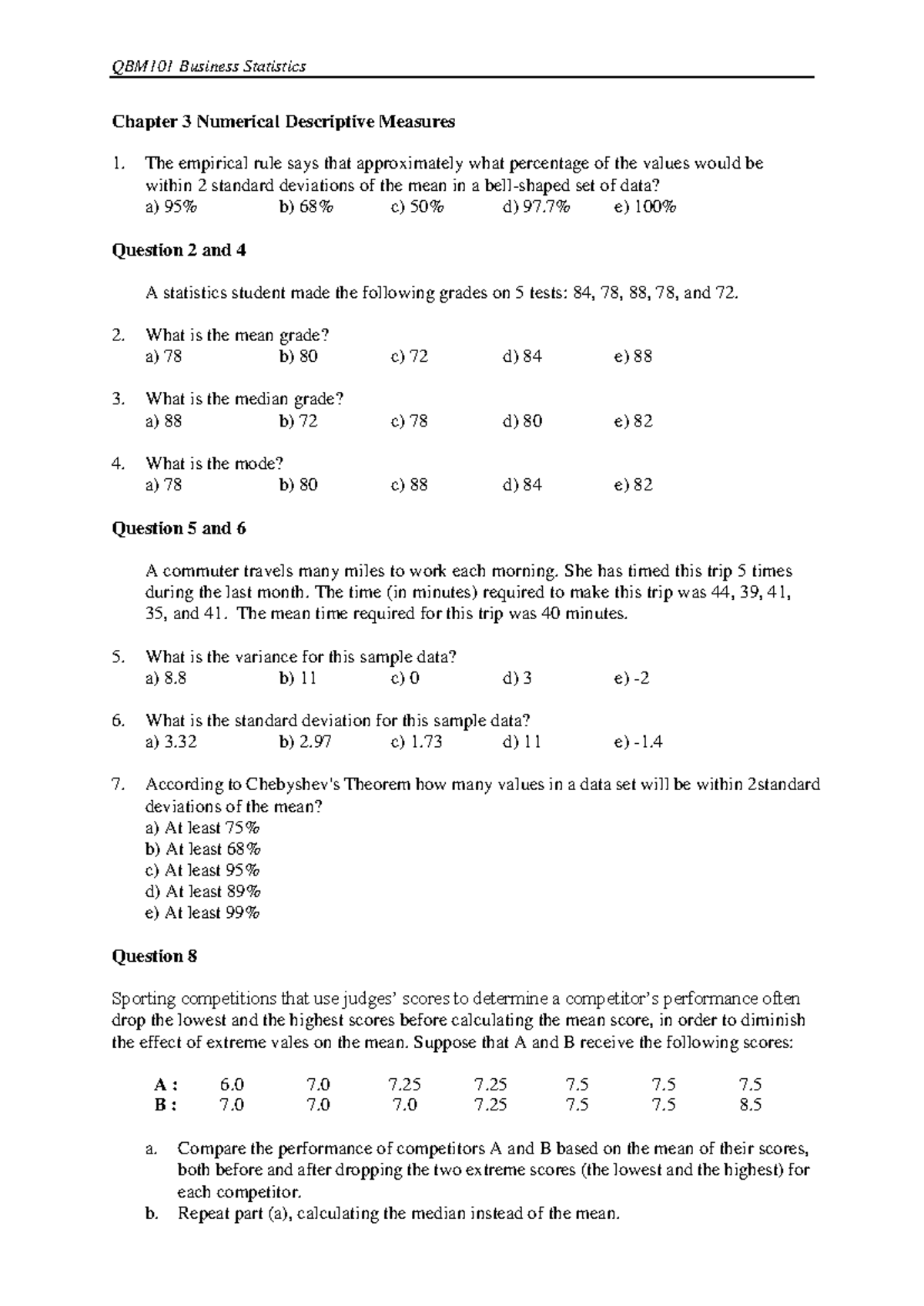 QBM101 Tutorial 3 - QBM101 Business Statistics Chapter 3 Numerical ...