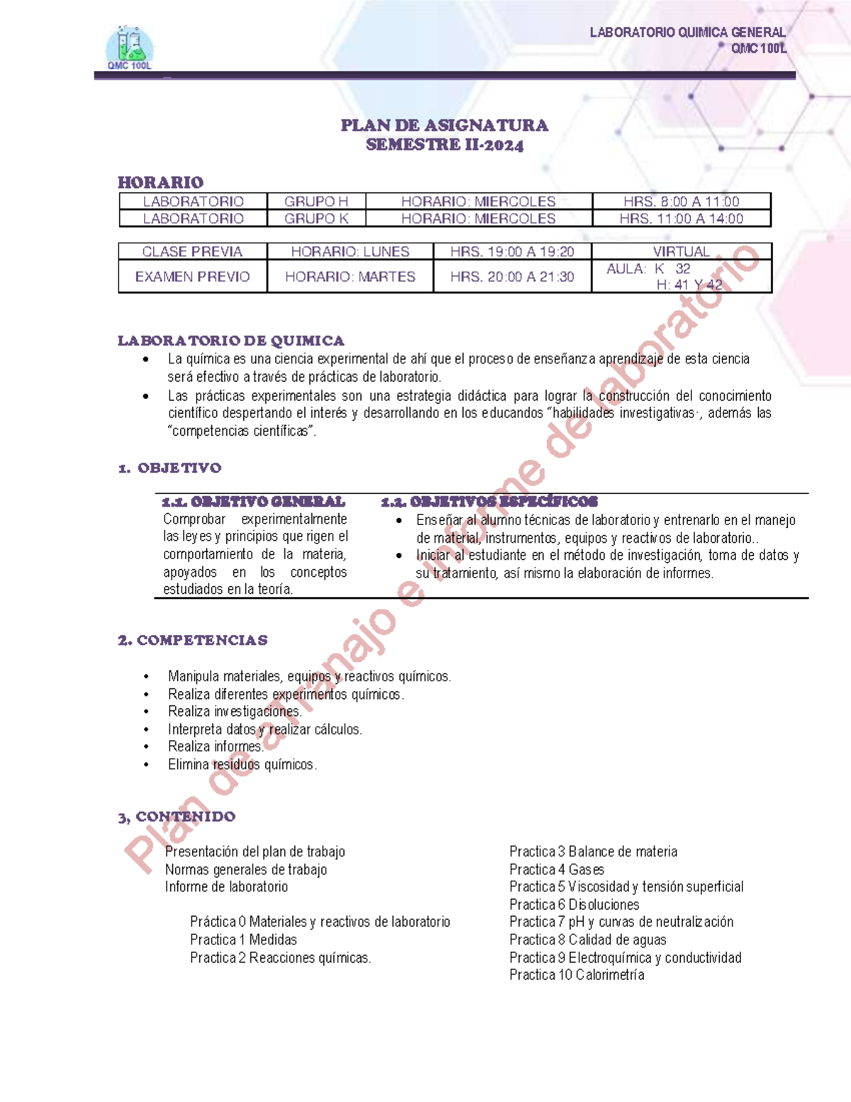 Plan de trabajo QMC 100L 2 2024 - QMC 100L PLAN DE ASIGNATURA SEMESTRE ...