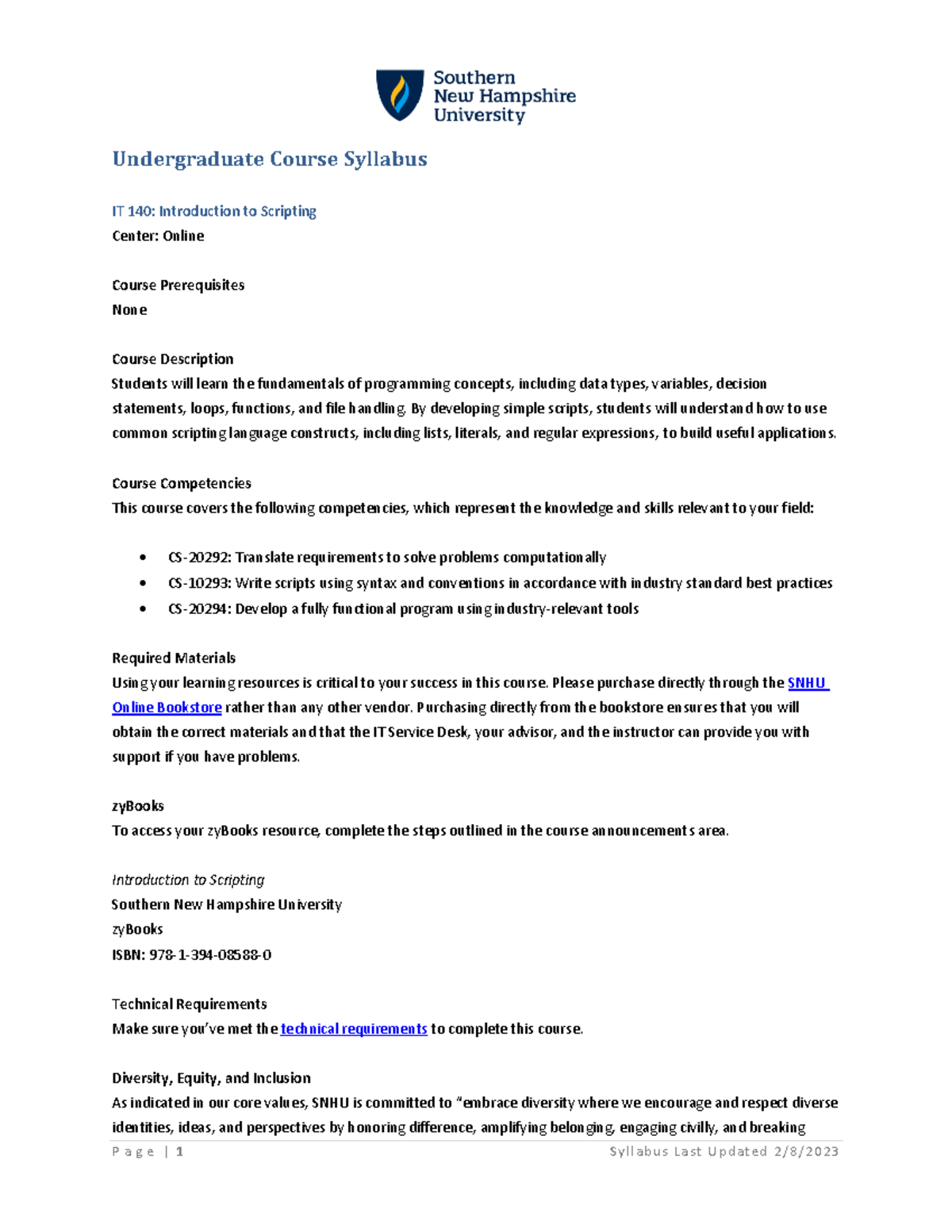 IT 140 Syllabus - Hhyy - Undergraduate Course Syllabus IT 140: Introduction to Scripting Center ...