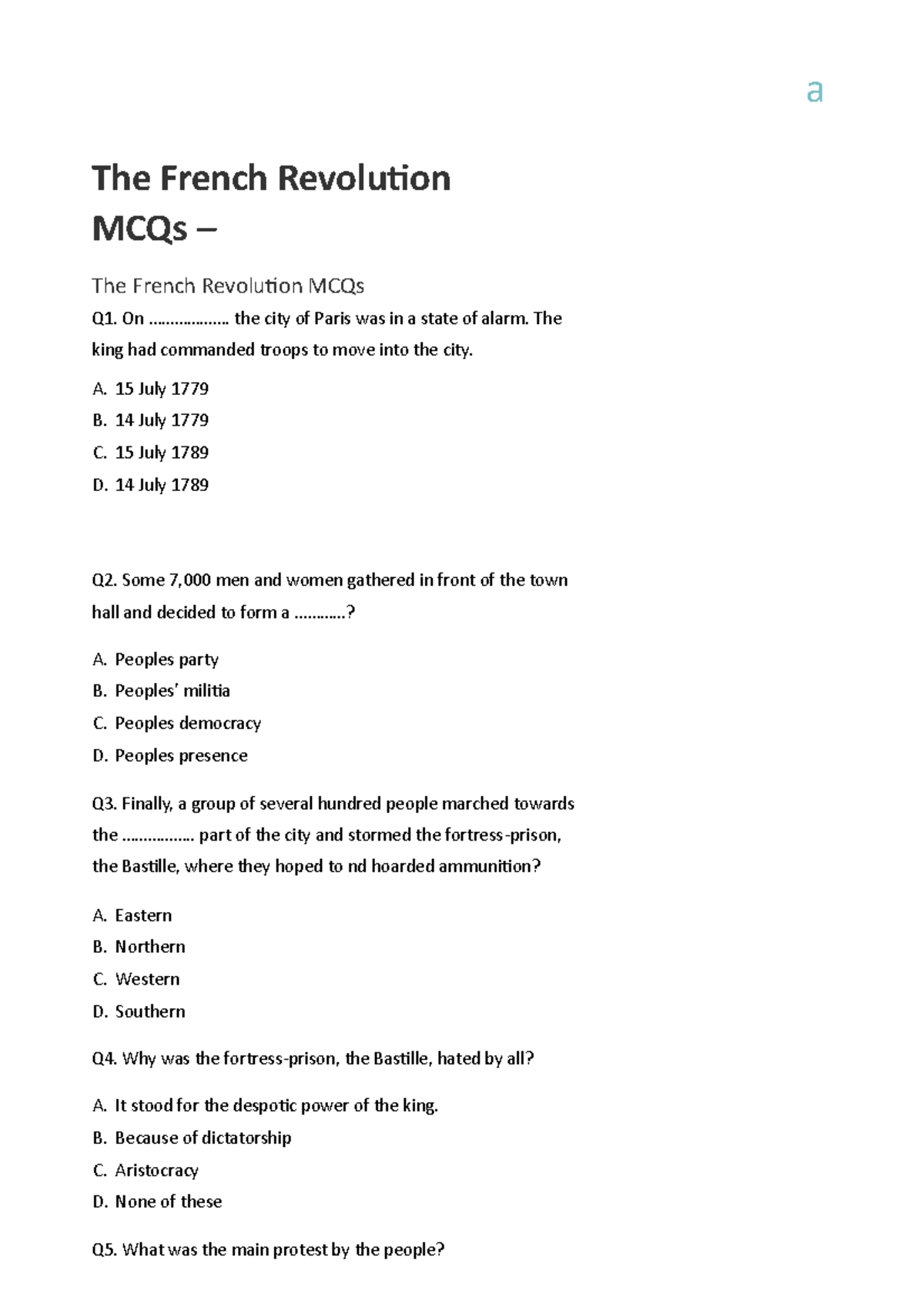 The French Revolution MCQs Class 9History Chapter 1 - a The French ...