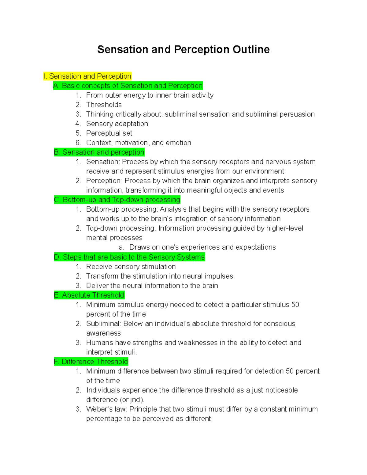 Sensation and Perception Outline - Sensation and Perception A. Basic ...
