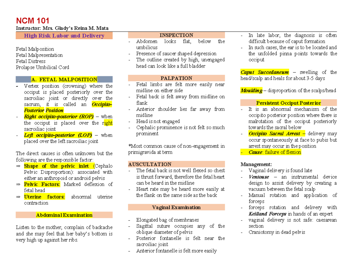 High Risk Labor and Delivery - Instructor: Mrs. Glady’s Reina M. Mata ...