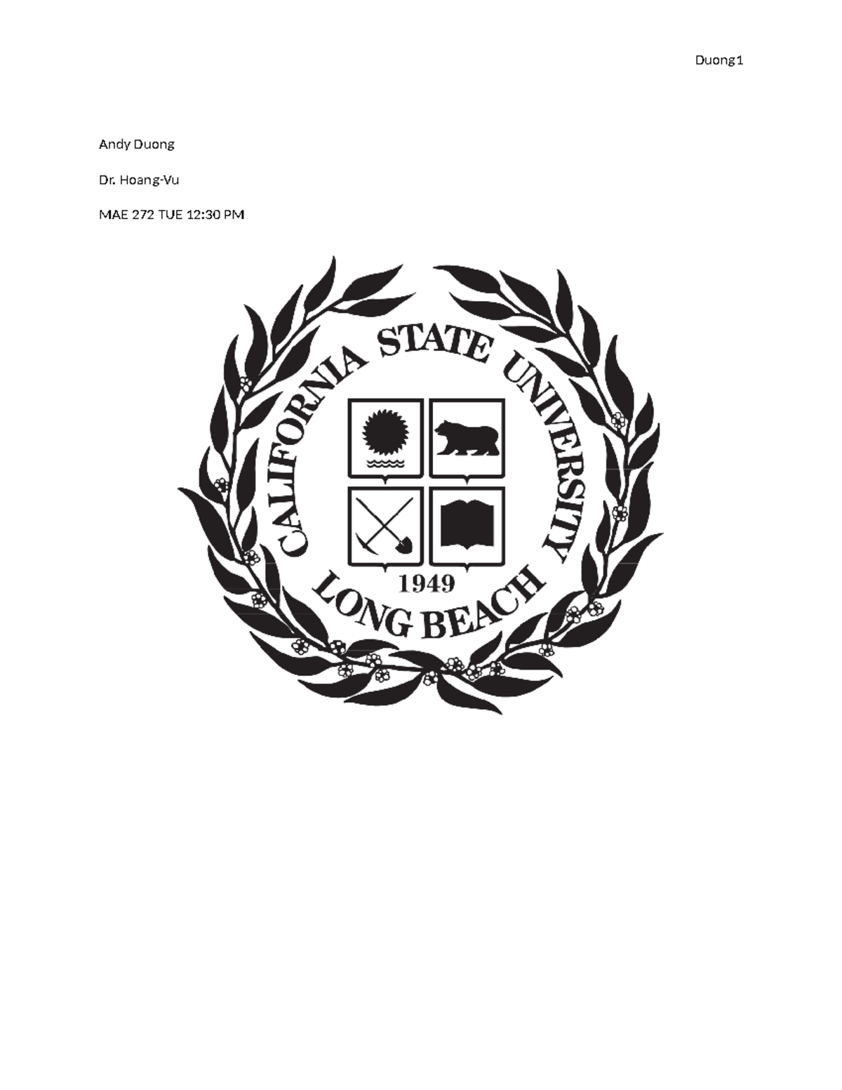Lab block and plug - Andy Duong Dr. Hoang-Vu MAE 272 TUE 12:30 PM Table ...