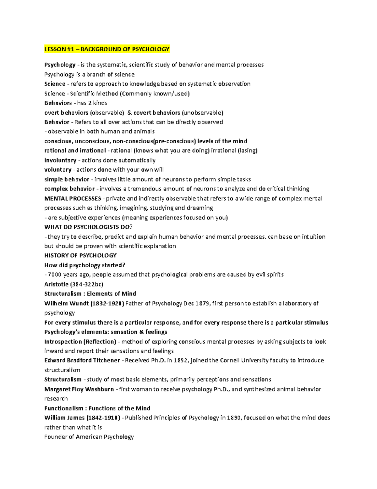 Intro to Psychology - LESSON #1 – BACKGROUND OF PSYCHOLOGY Psychology ...