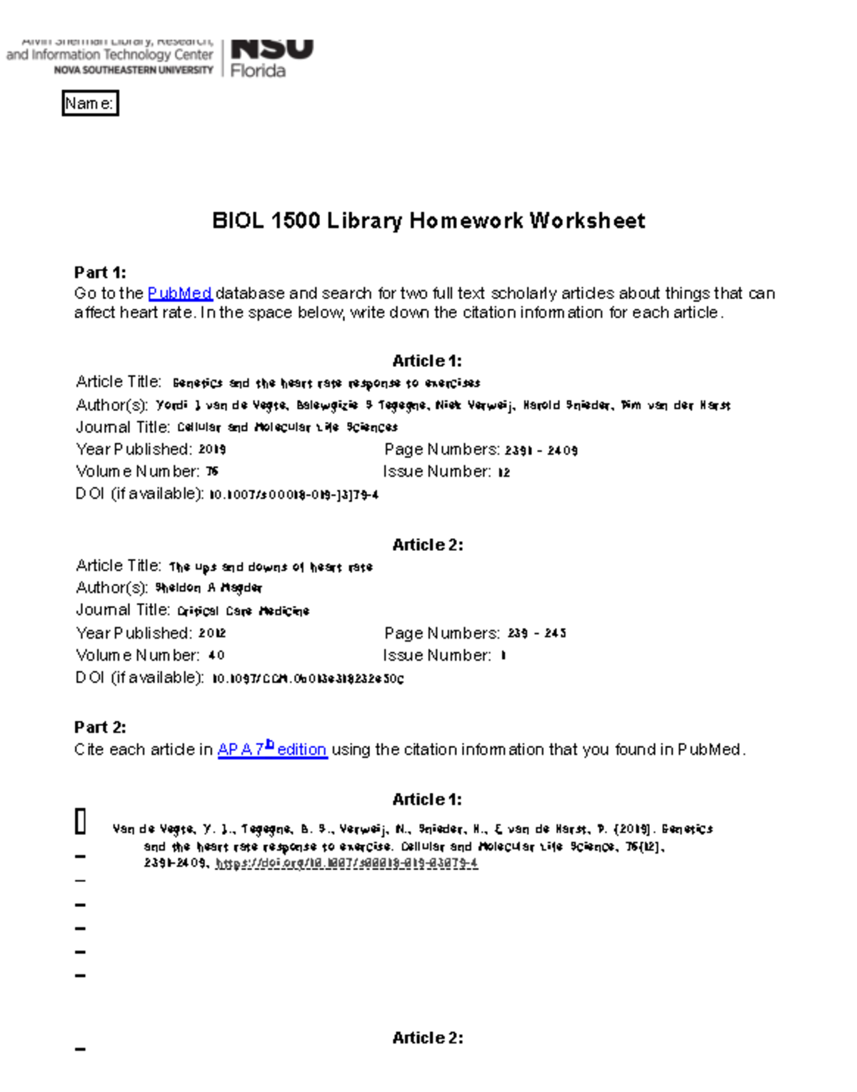 Biol1500 library worksheet - Name: BIOL 1500 Library Homework Worksheet ...