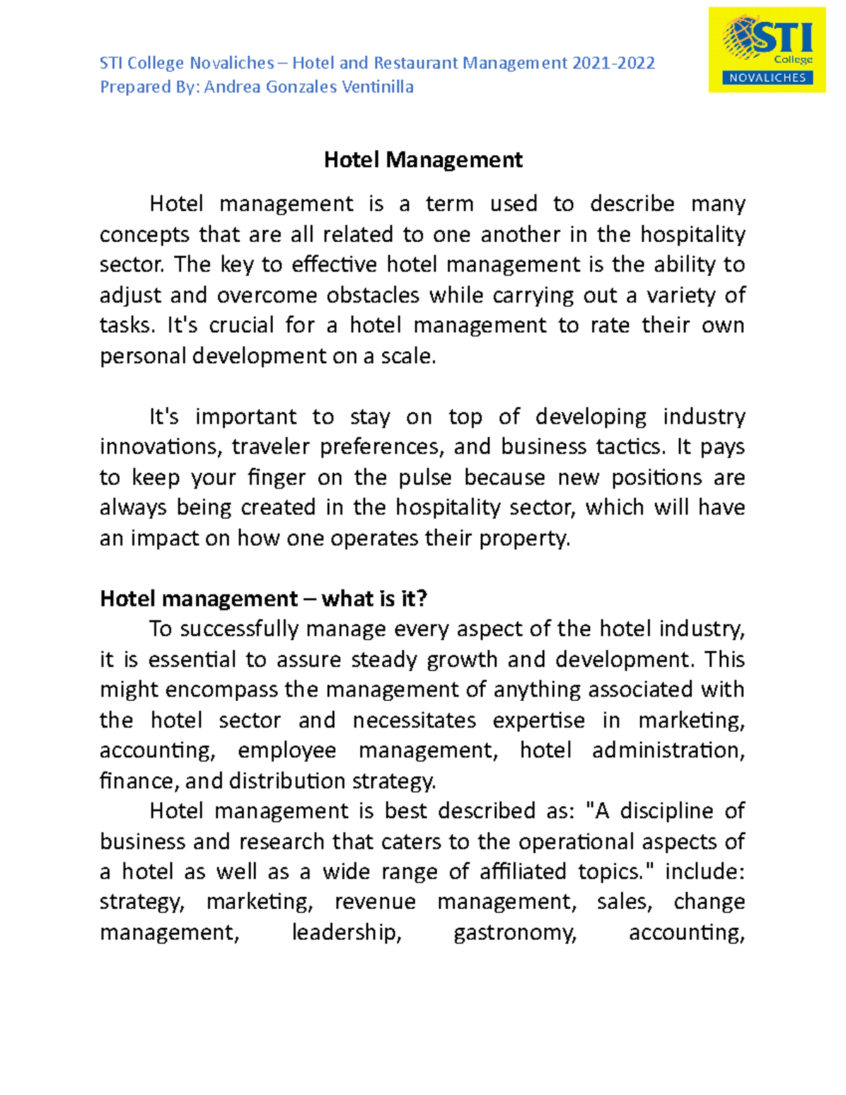 Hotel Management - Prepared By: Andrea Gonzales Ventinilla Hotel ...