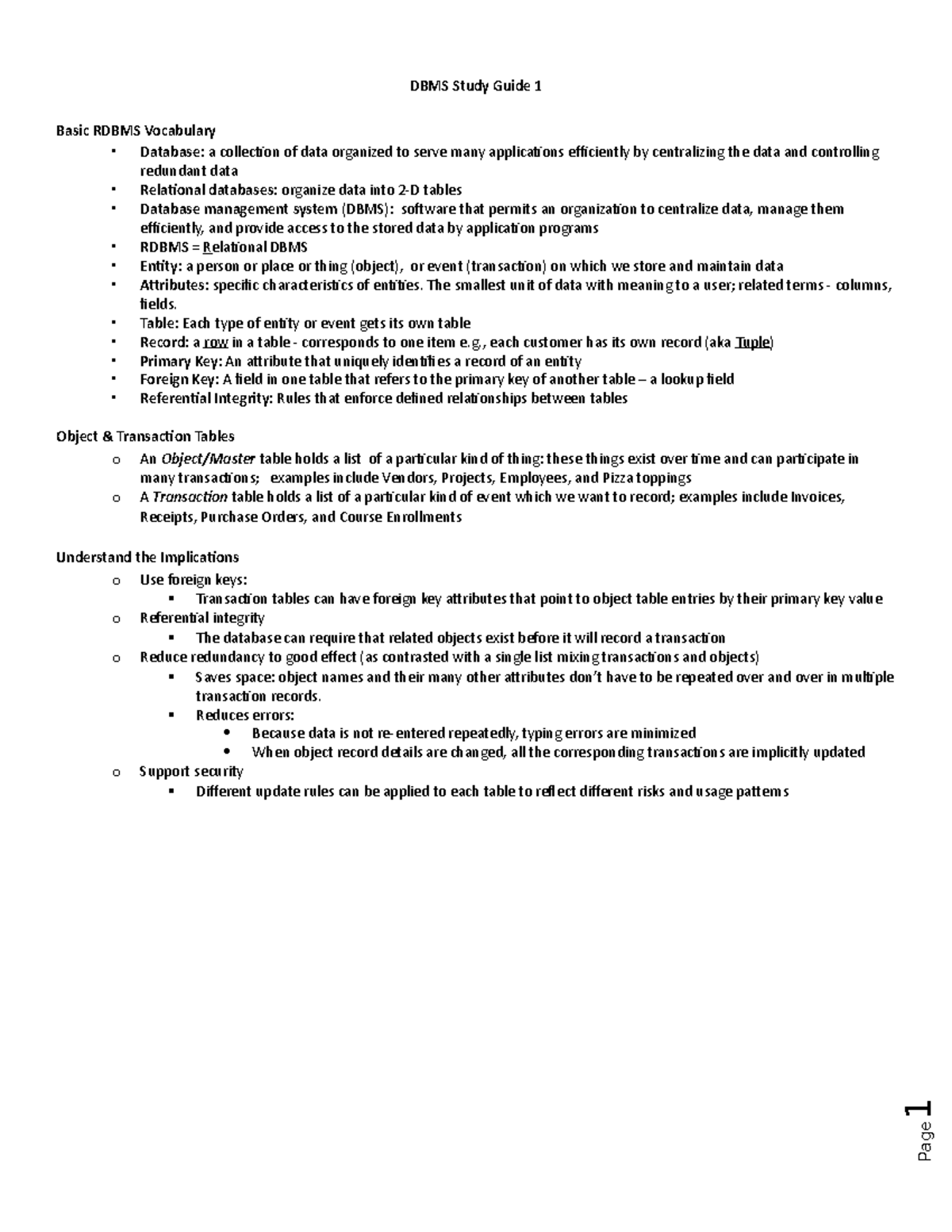 Database Study Guide - 1 - DBMS Study Guide 1 Basic RDBMS Vocabulary ...
