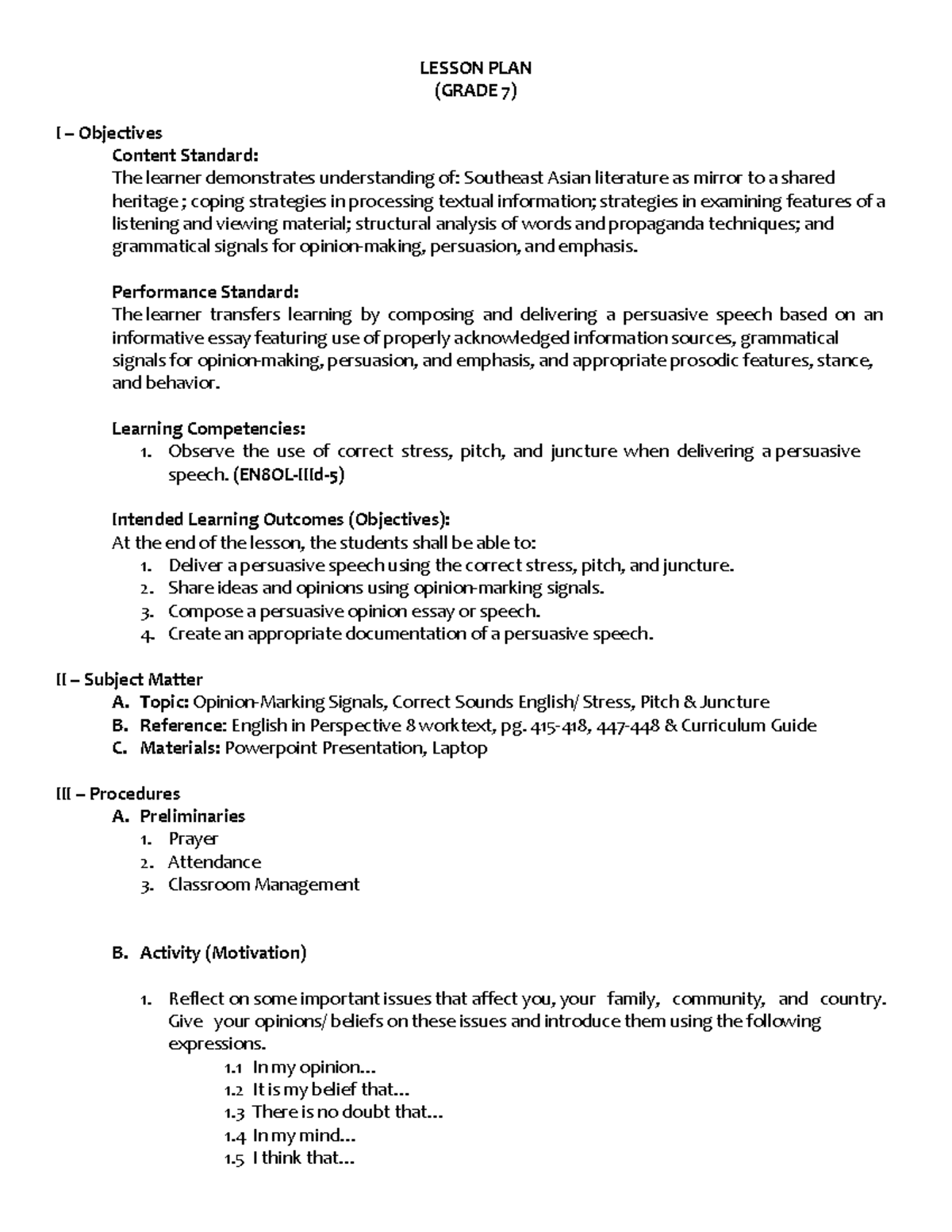 ENG 21 - Lesson PLAN (PT) - LESSON PLAN (GRADE 7) I – Objectives ...