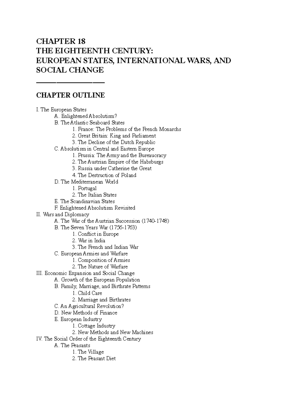 APEuro-Chapter 18Outlineand Summary - CHAPTER 18 THE EIGHTEENTH CENTURY ...