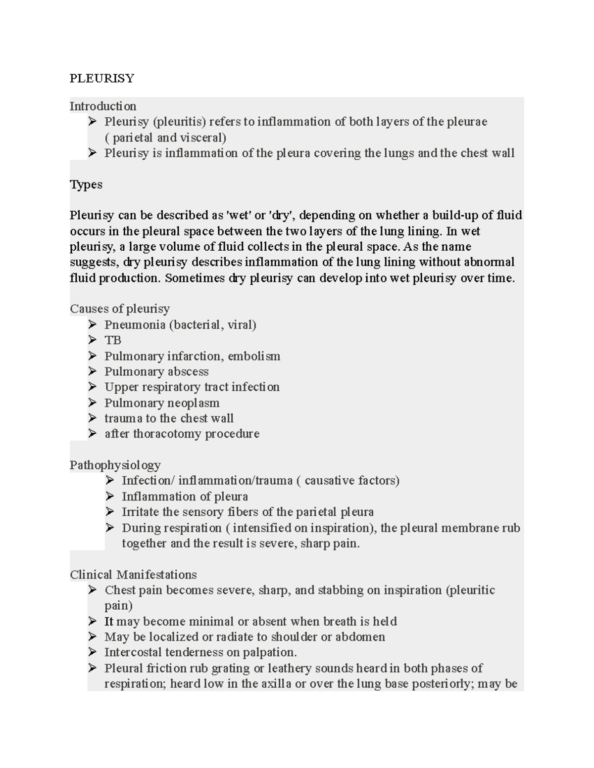 pleurisy pdf note - PLEURISY Introduction Pleurisy (pleuritis) refers ...