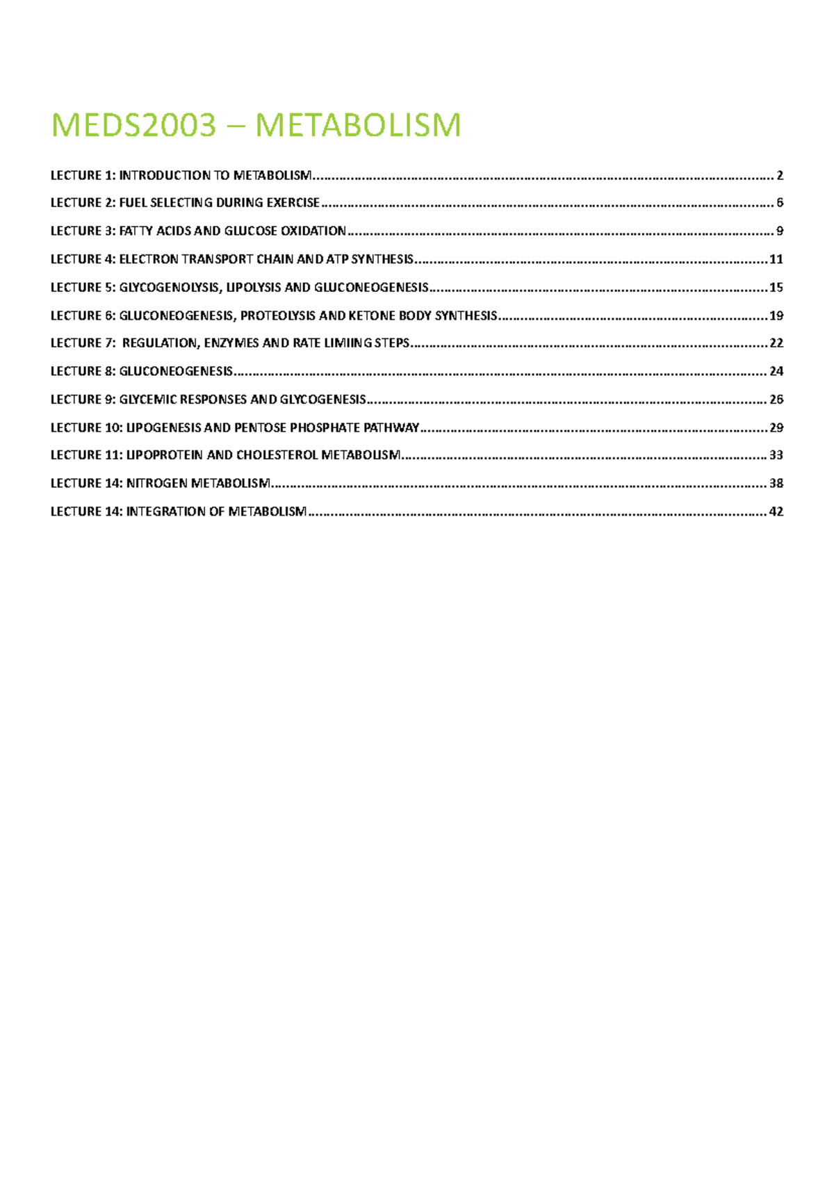 MEDS2003 - Metabolism Notes - MEDS2003 – METABOLISM LECTURE 1 ...