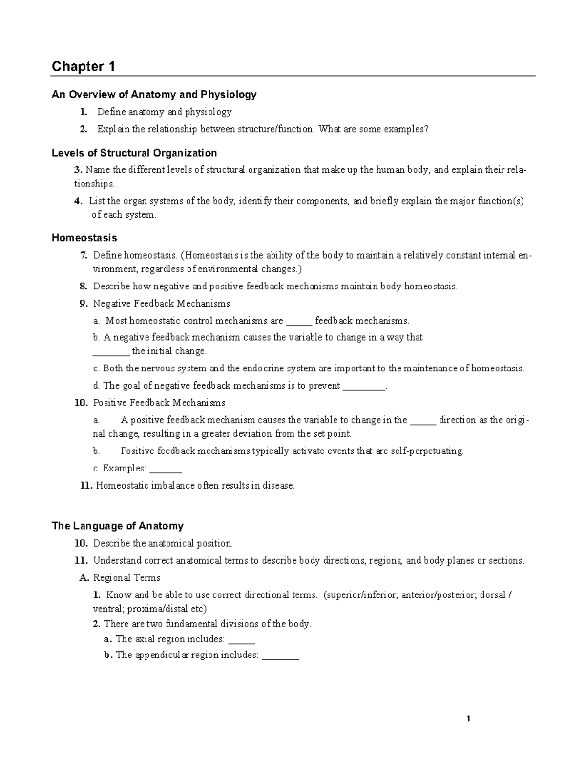 BIOL 207 Study guide EXAM 1 F24 - 1 Chapter 1 An Overview of Anatomy ...