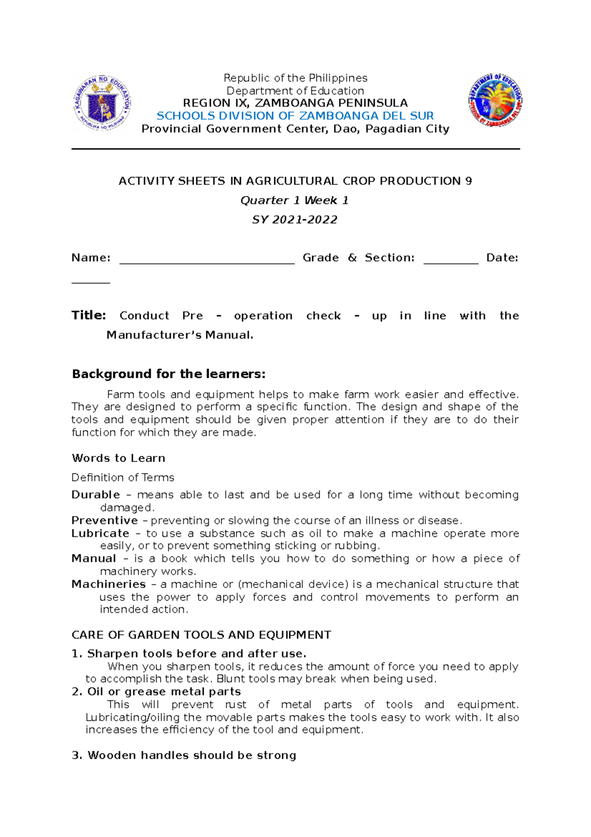 ACP-78-LAS LO1 - learning activity sheet - Republic of the Philippines Department of Education ...