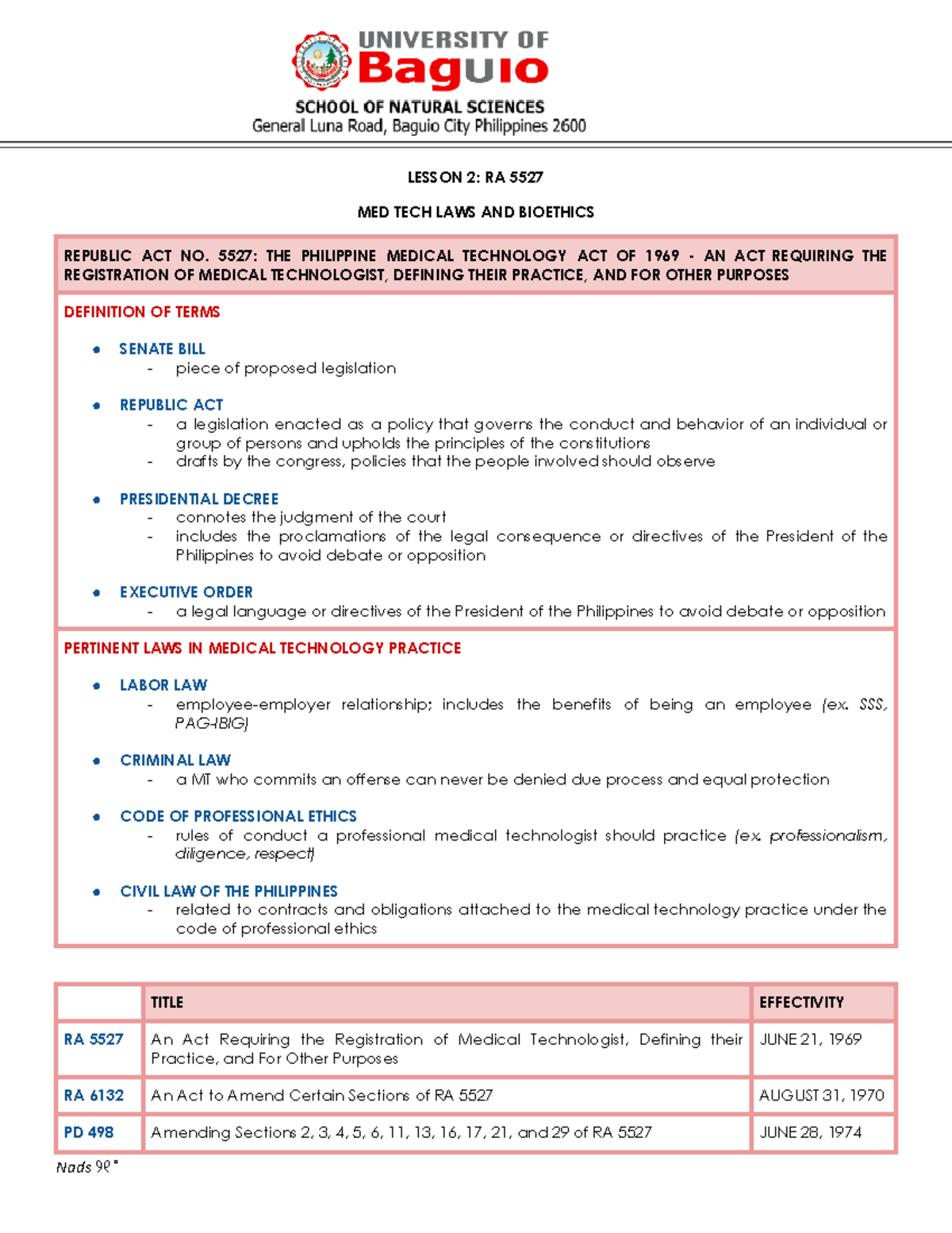 Mtlbtx-Lesson-2 - Sss - LESSON 2: RA 5527 MED TECH LAWS AND BIOETHICS ...