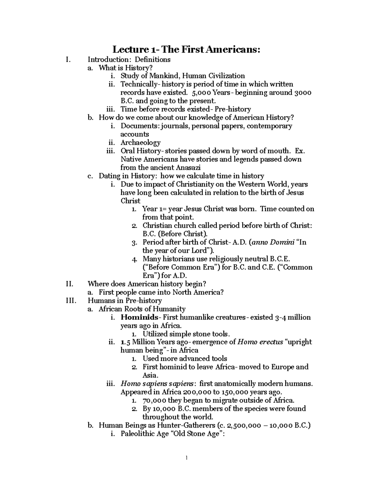 Lecture 1- The First Americans- outline (01-23) - Lecture 1- The First ...