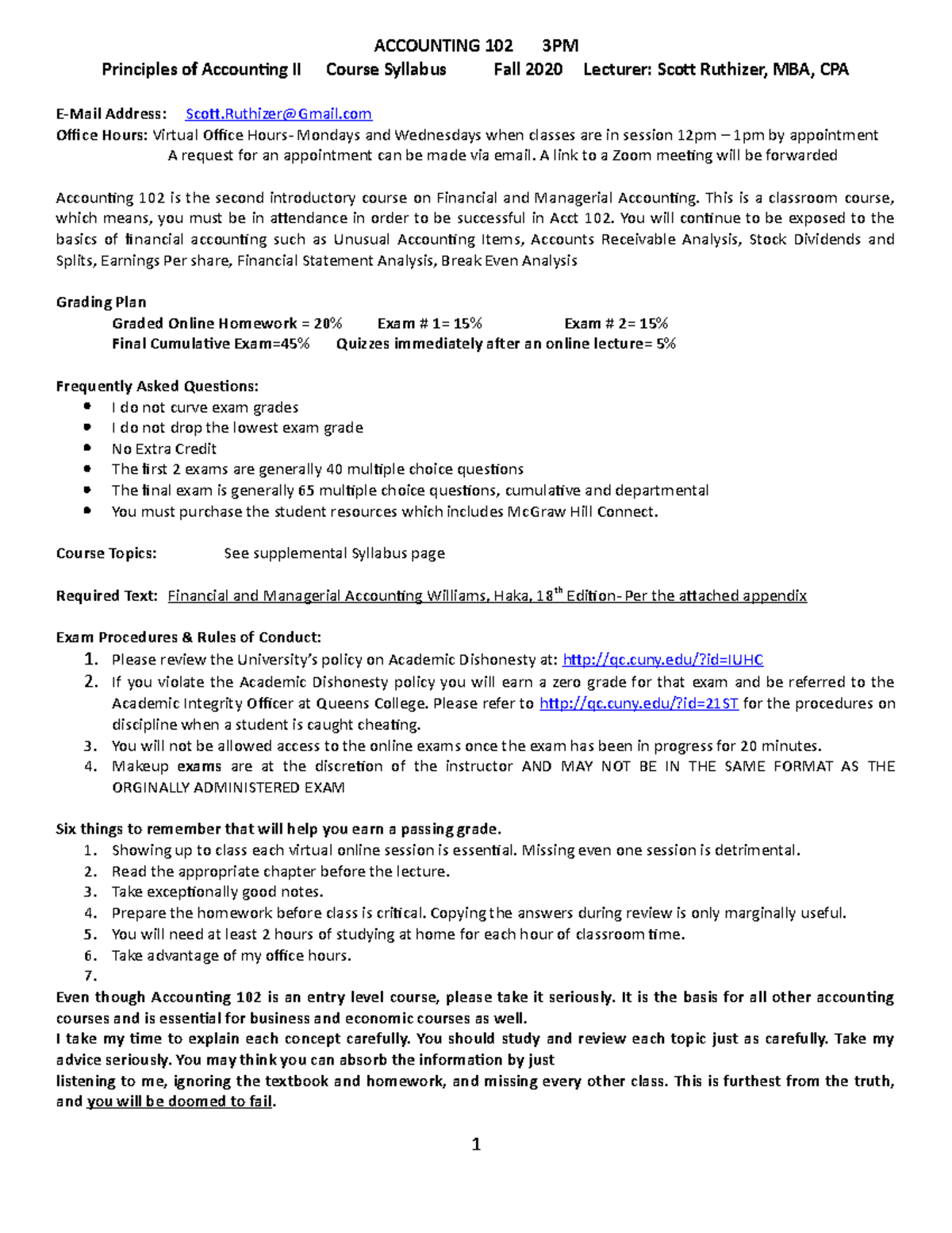 102 Syllabus Fall 2020 - ACCOUNTING 102 3PM Principles of Accounting II ...