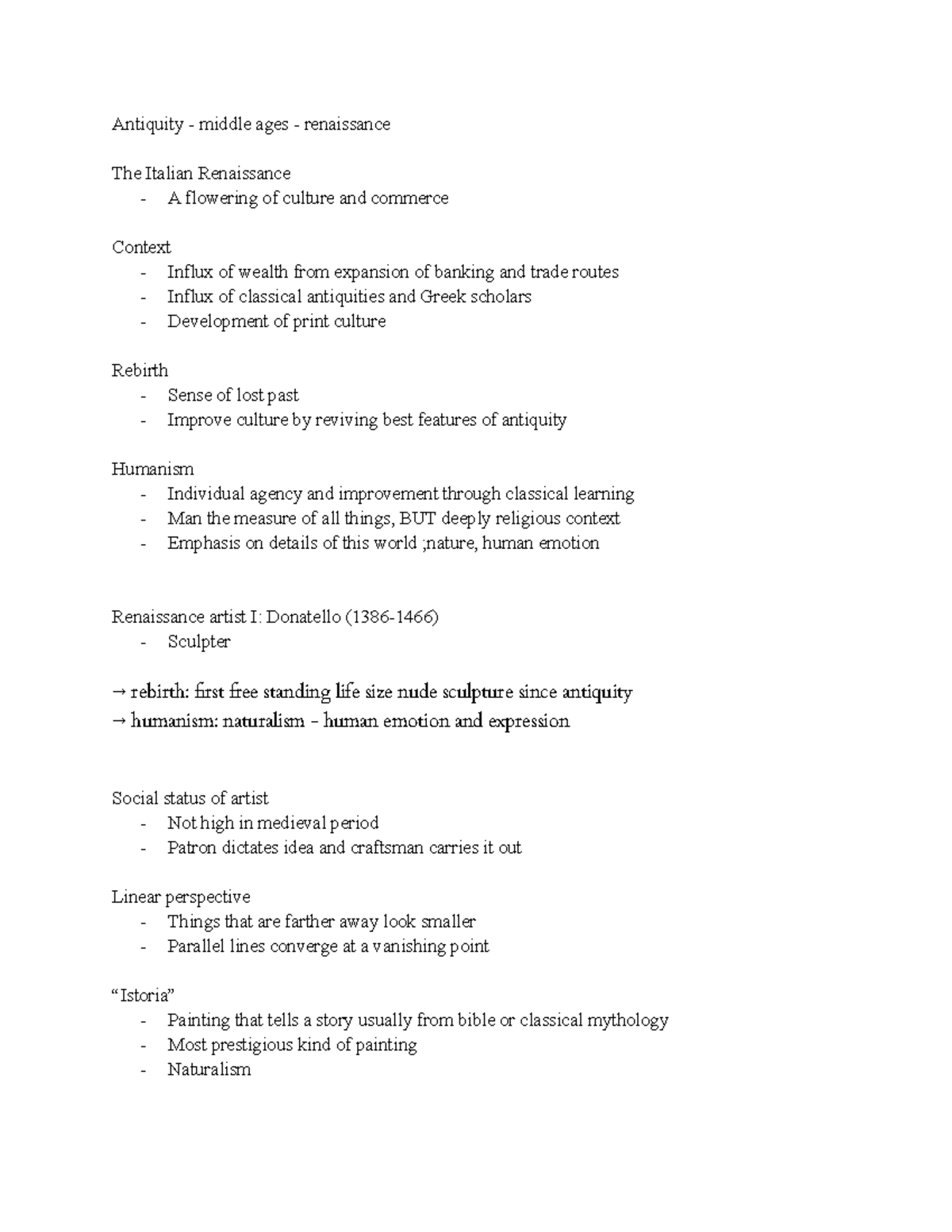 Renaissance notes - Antiquity - middle ages - renaissance The Italian ...
