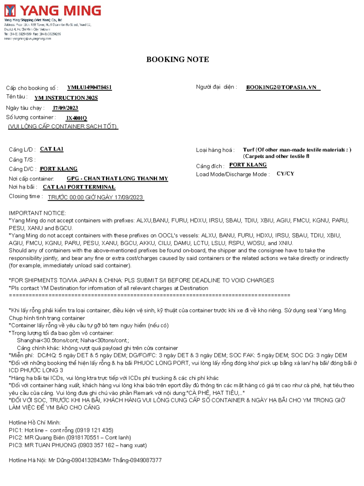 （冠亚）3149YCA230828-014 40HQX1 9 - BOOKING NOTE Tên tàu : Ngày tàu chạy ...