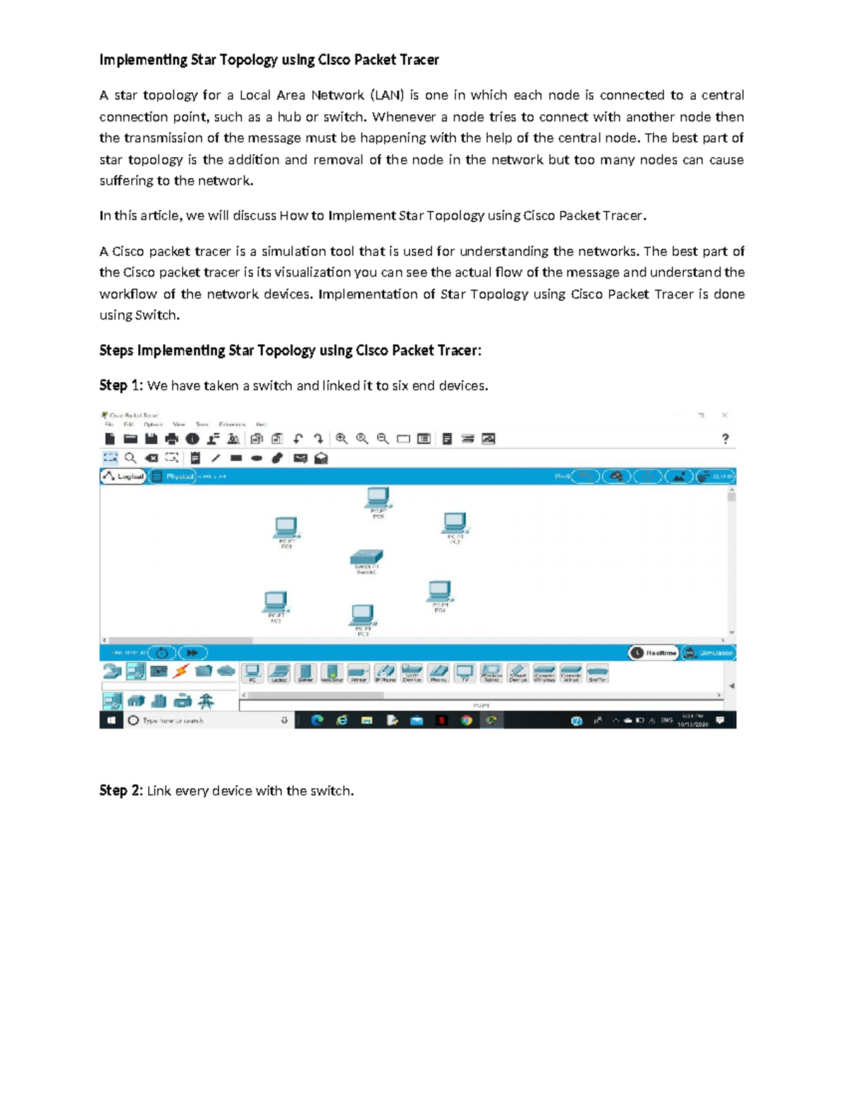 Implementing Topology using Cisco Packet Tracer - Implementing Star Topology using Cisco Packet ...