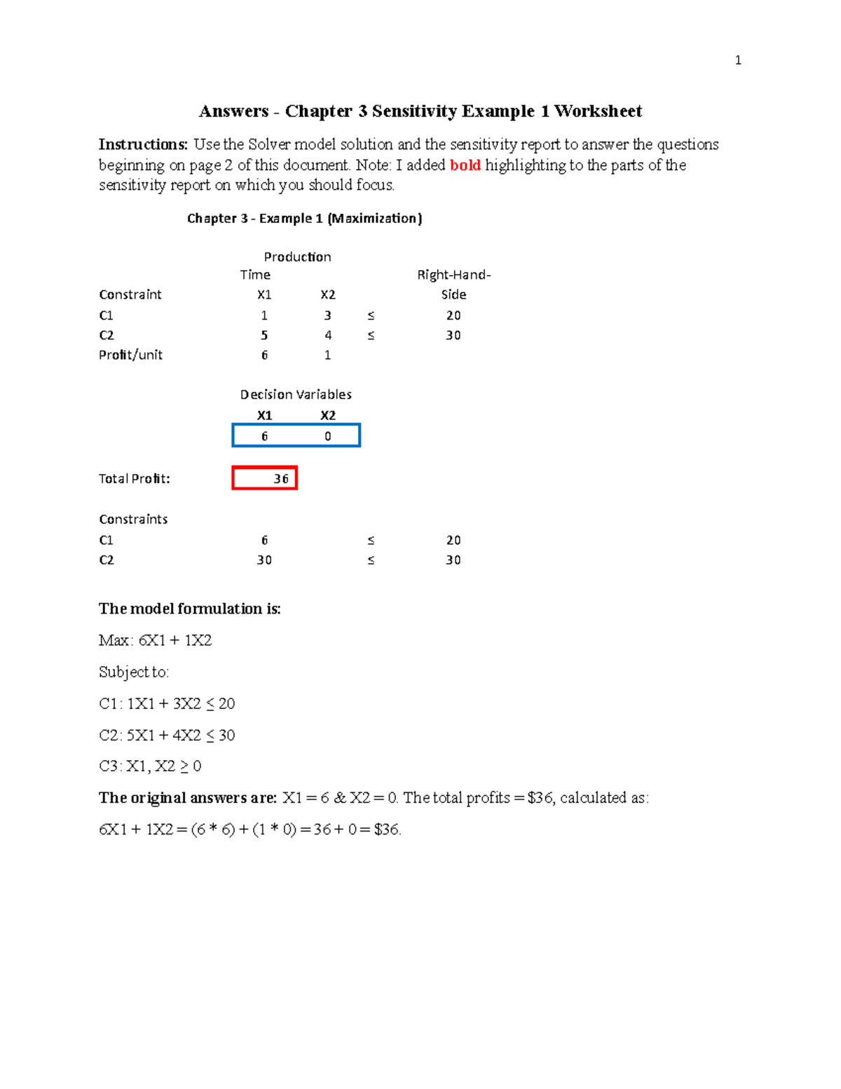 Answers - Chapter 3 Sensitivity Example 1 Worksheet - Answers - Chapter ...