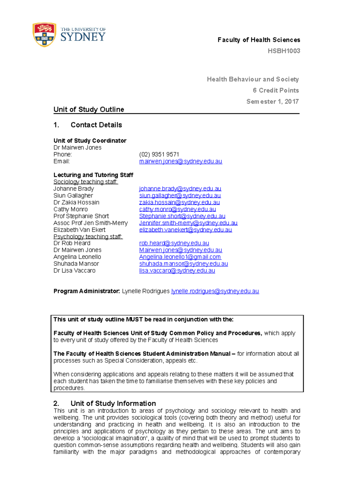 2017 UOSoutline HSBH 1003 Final - Faculty of Health Sciences HSBH1003 ...