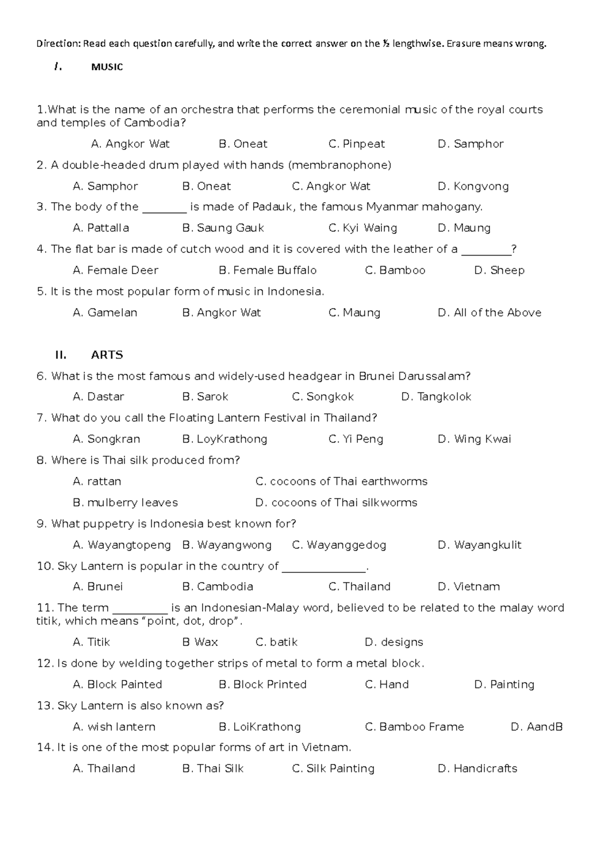 Remedial EXAM Mapeh 8 - Direction: Read each question carefully, and ...