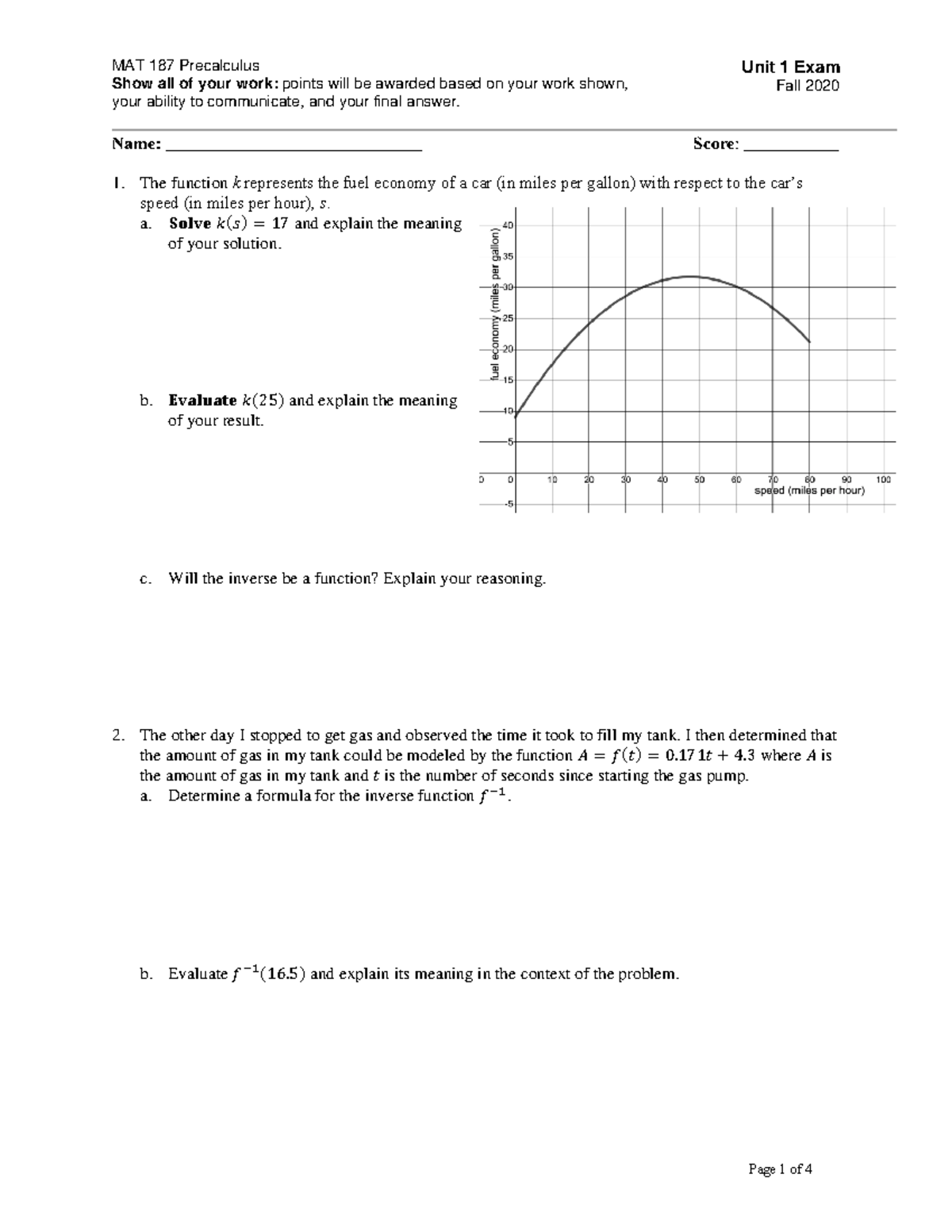 Unit1 Exam A - practice exam - Show all of your work: points will be ...