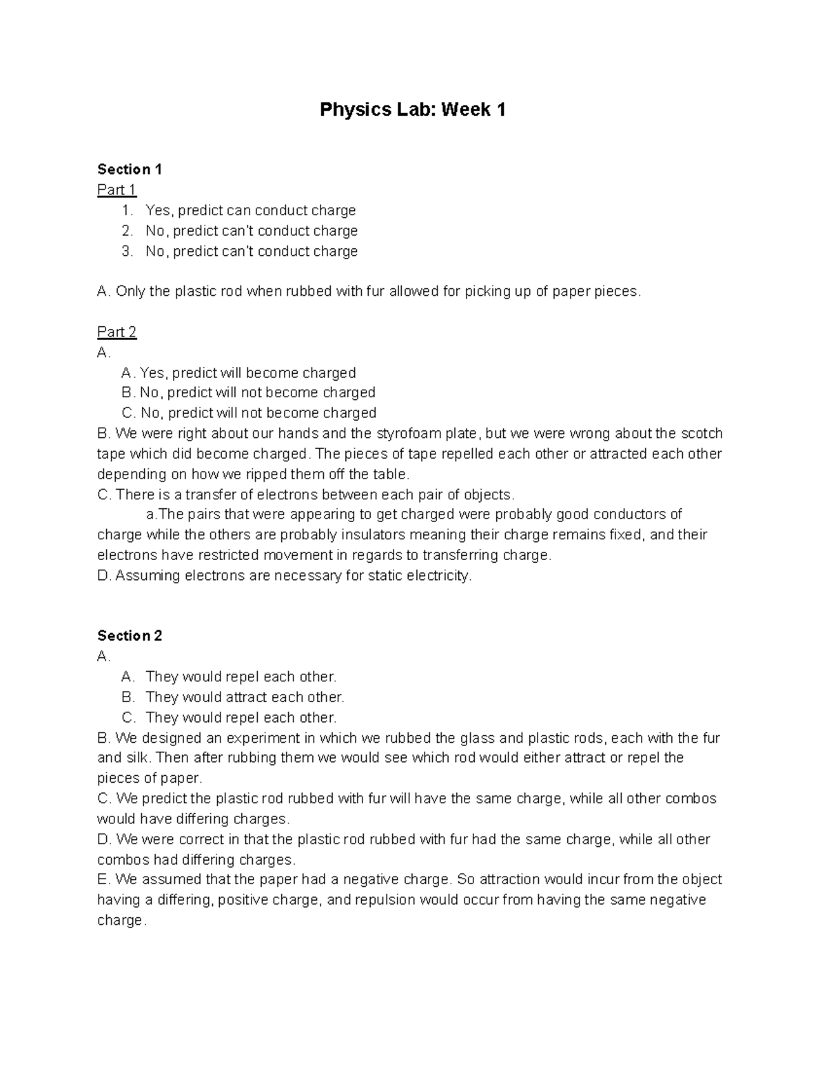 Physics Lab 1 - Physics Lab: Week 1 Section 1 Part 1 1. Yes, predict ...