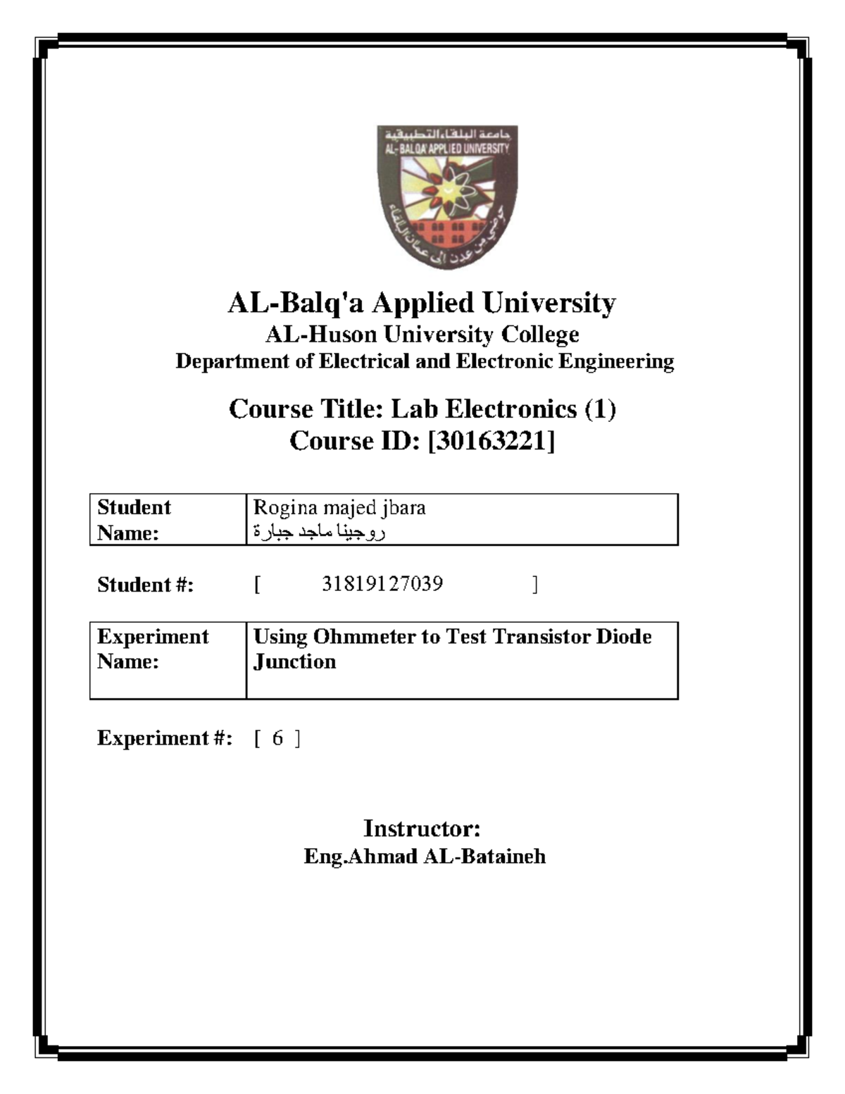 Using Ohmmeter to Test Transistor Diode Junction - AL-Balq'a Applied ...