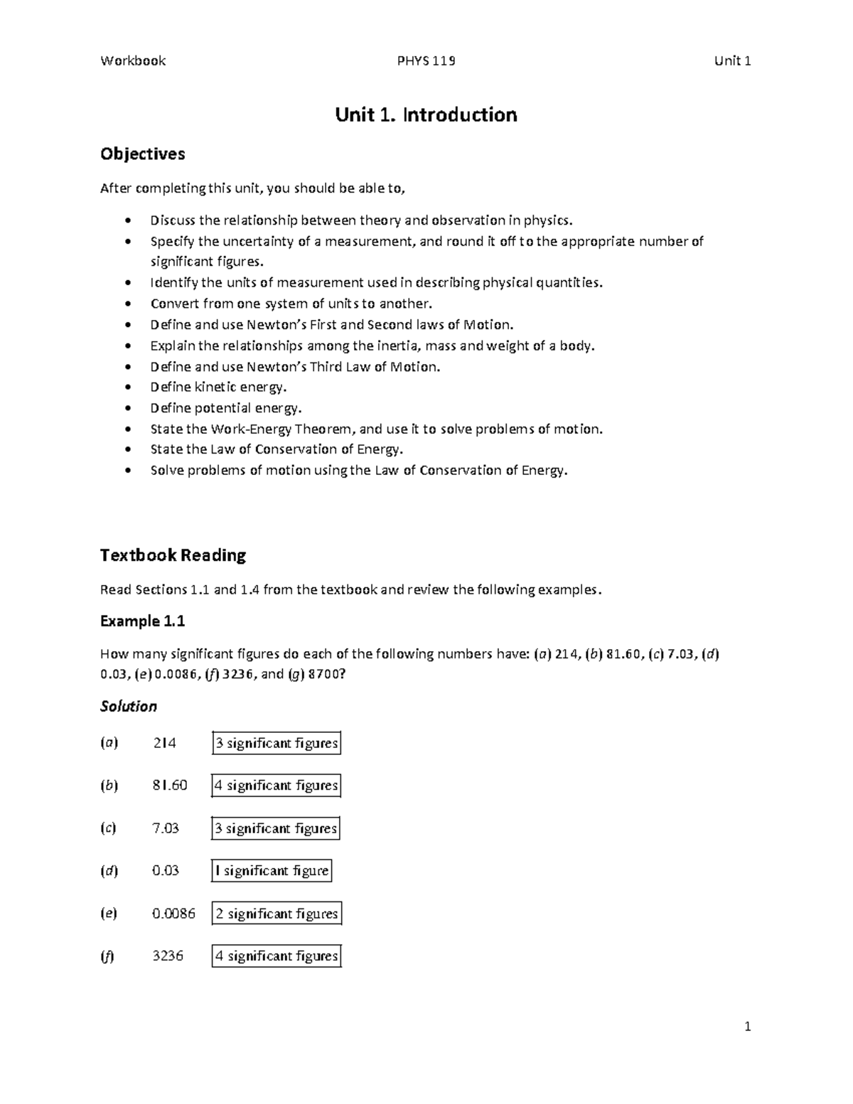 PHYS 119 Unit1 2017 - Unit 1 Course Work - Unit 1. Introduction ...