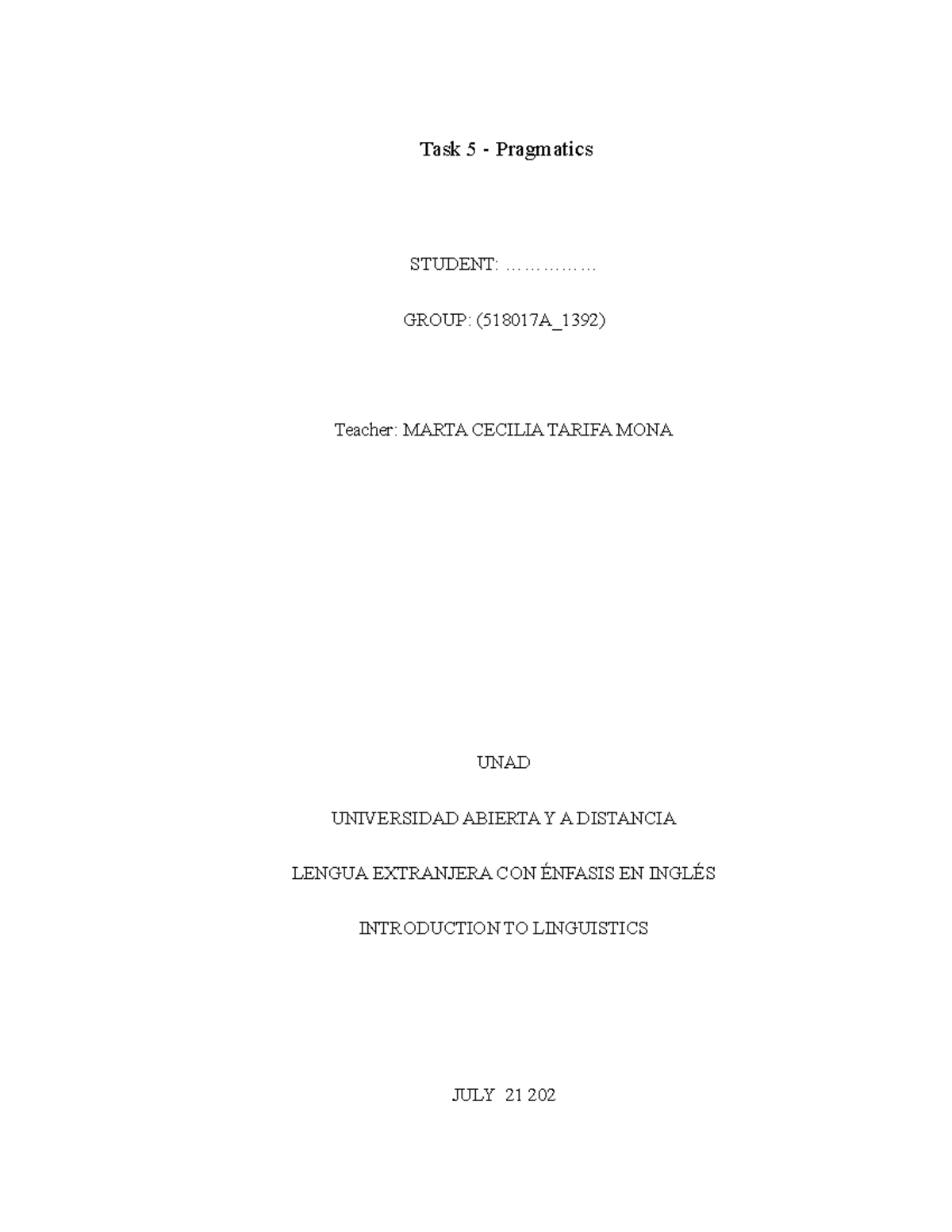 518017 - Task 5 – Introduction TO Linguistics - Task 5 - Pragmatics ...