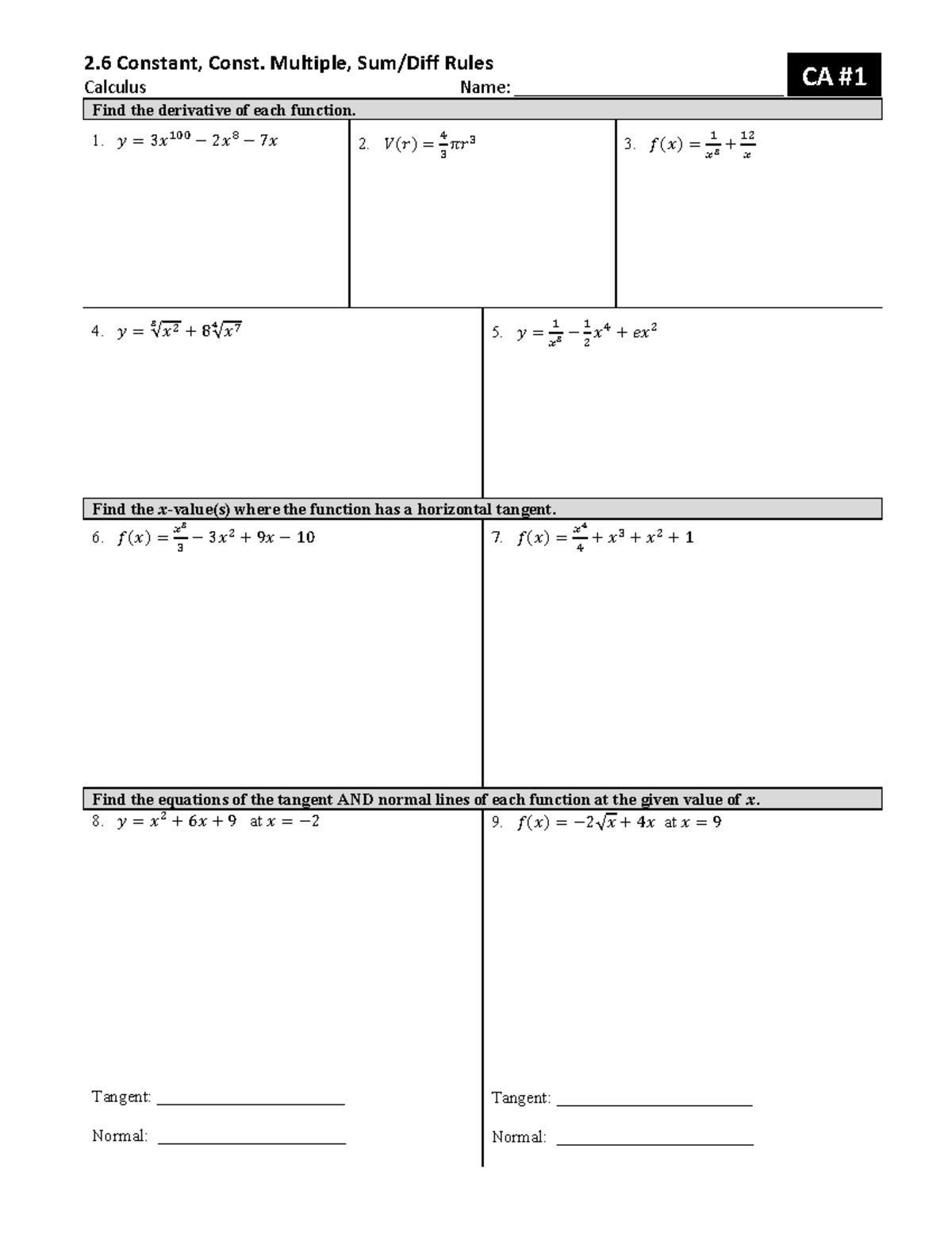 Calc 2 - work - 2 Constant, Const. Multiple, Sum/Diff Rules Calculus Name: - Studocu