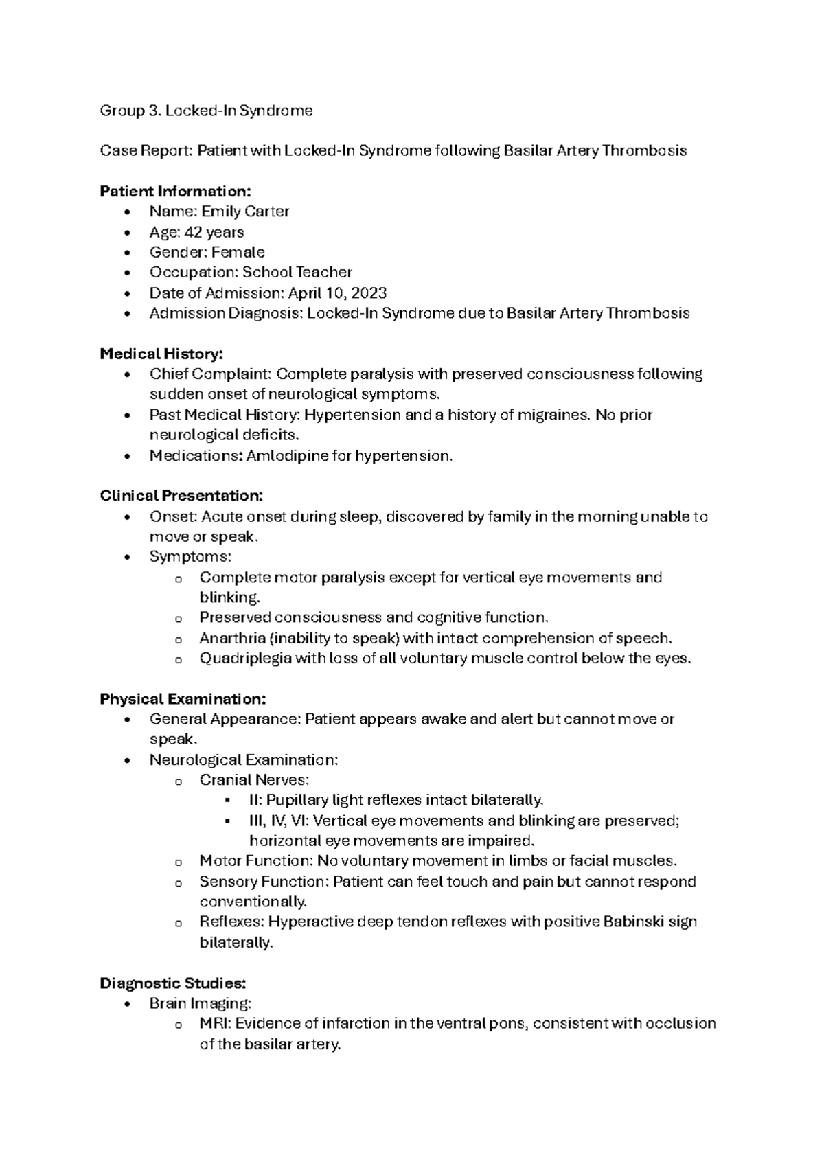 Case Report Locked In - Group 3. Locked-In Syndrome Case Report ...