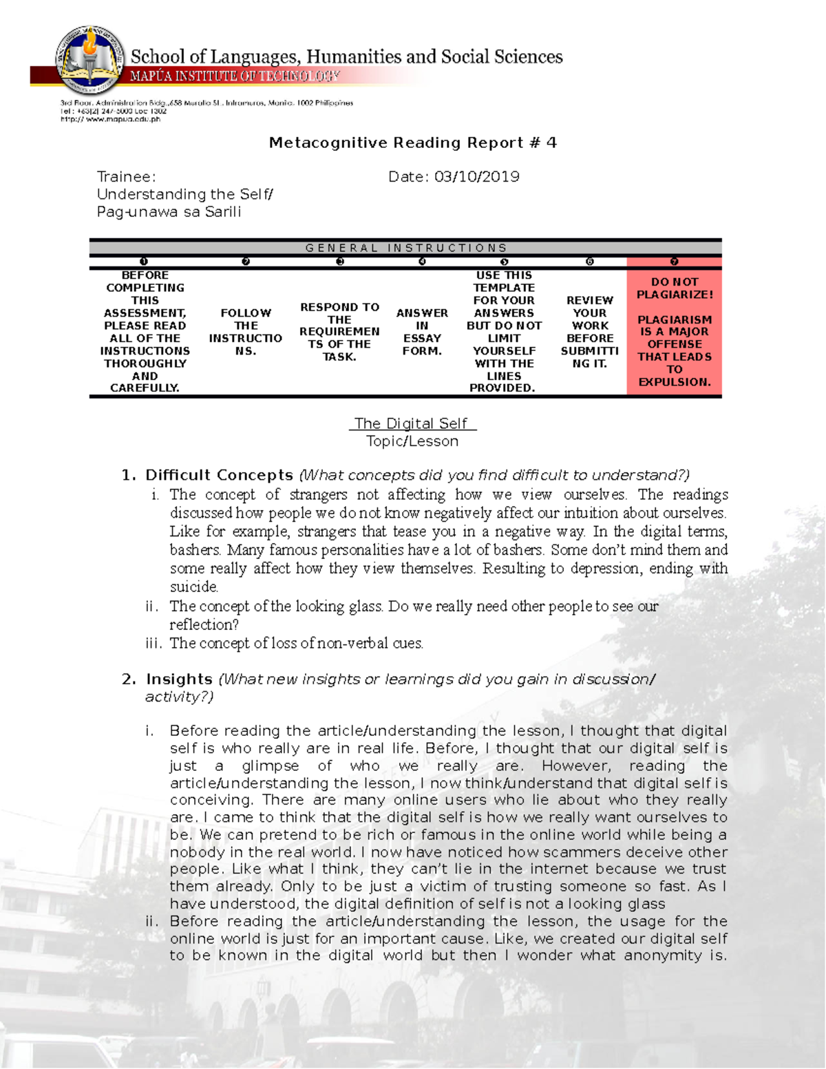 MRR 4 - The Digital Self - UNDERSTANDING THE SELF - Metacognitive ...