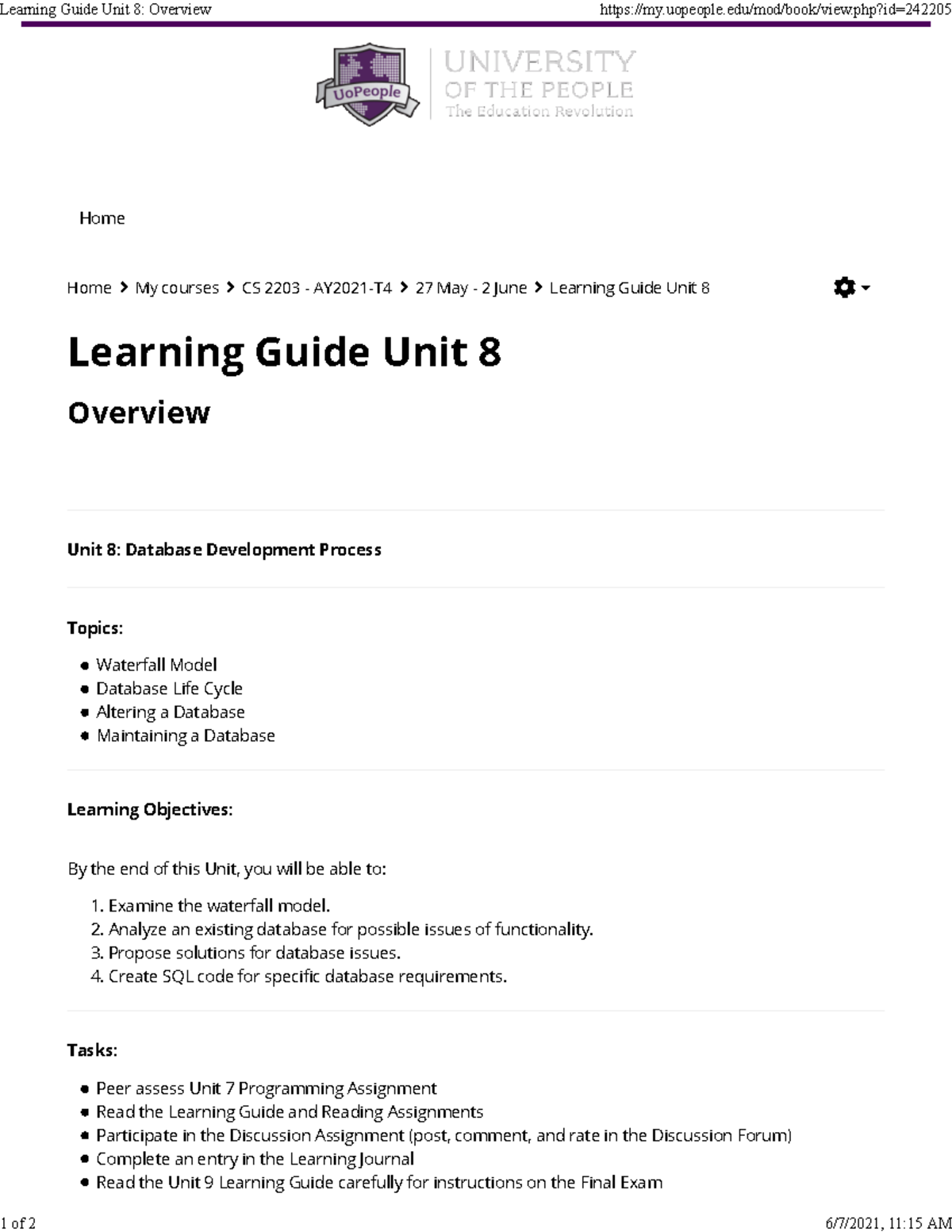 Learning Guide Unit 8 Overview Home Learning Guide Unit 8 Overview Unit 8 Database 