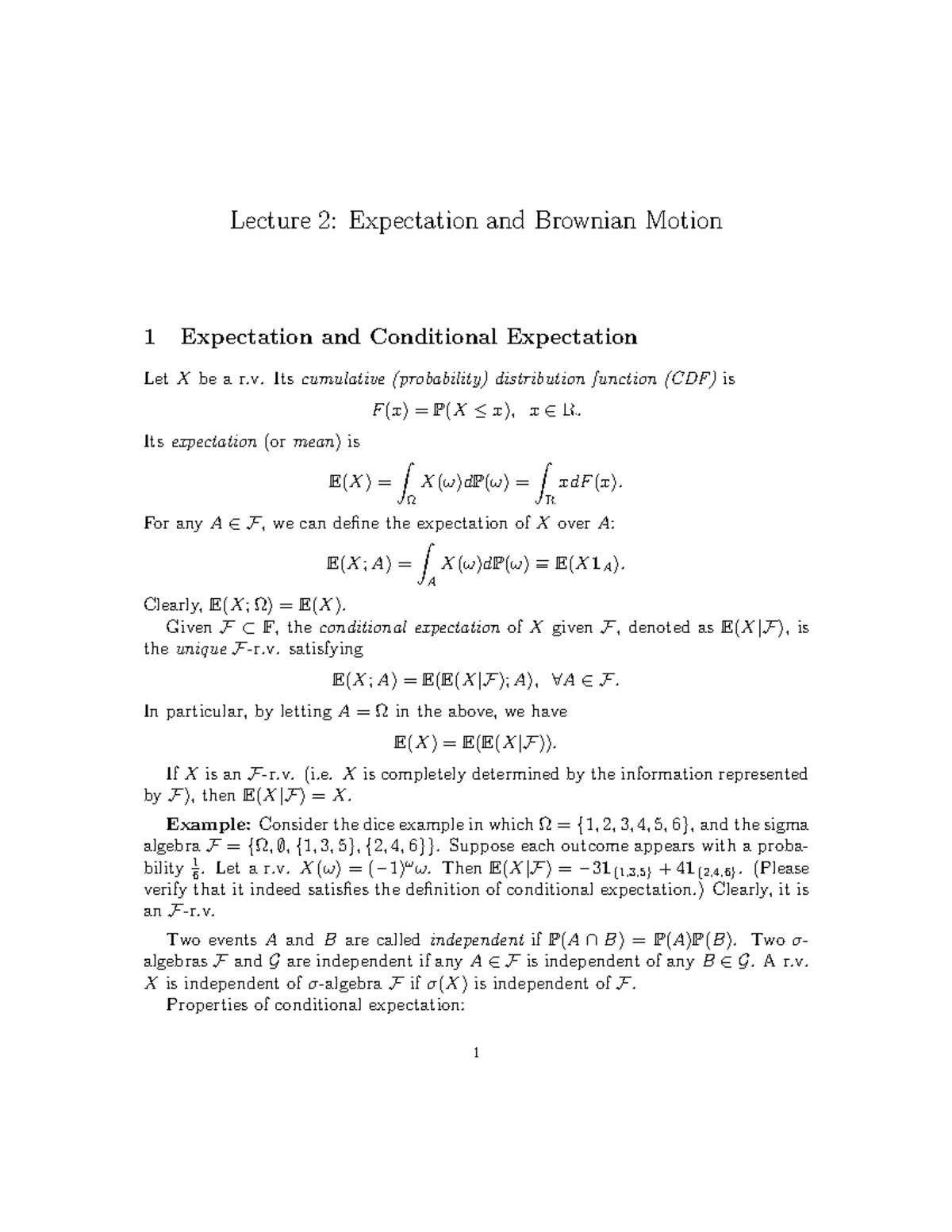 Lecture 2 - Lecture 2: Expectation and Brownian Motion 1 Expectation and Conditional Expectation ...