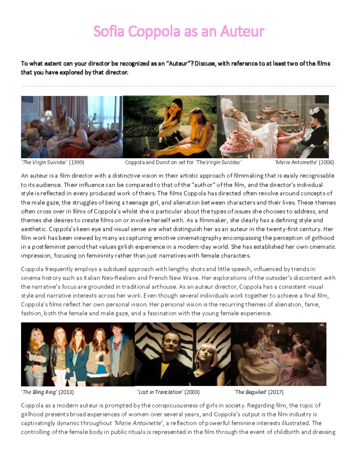 Narrative Style and Genre Auteur of Sofia Coppola - Sofia Coppola as an Auteur To what extent ...