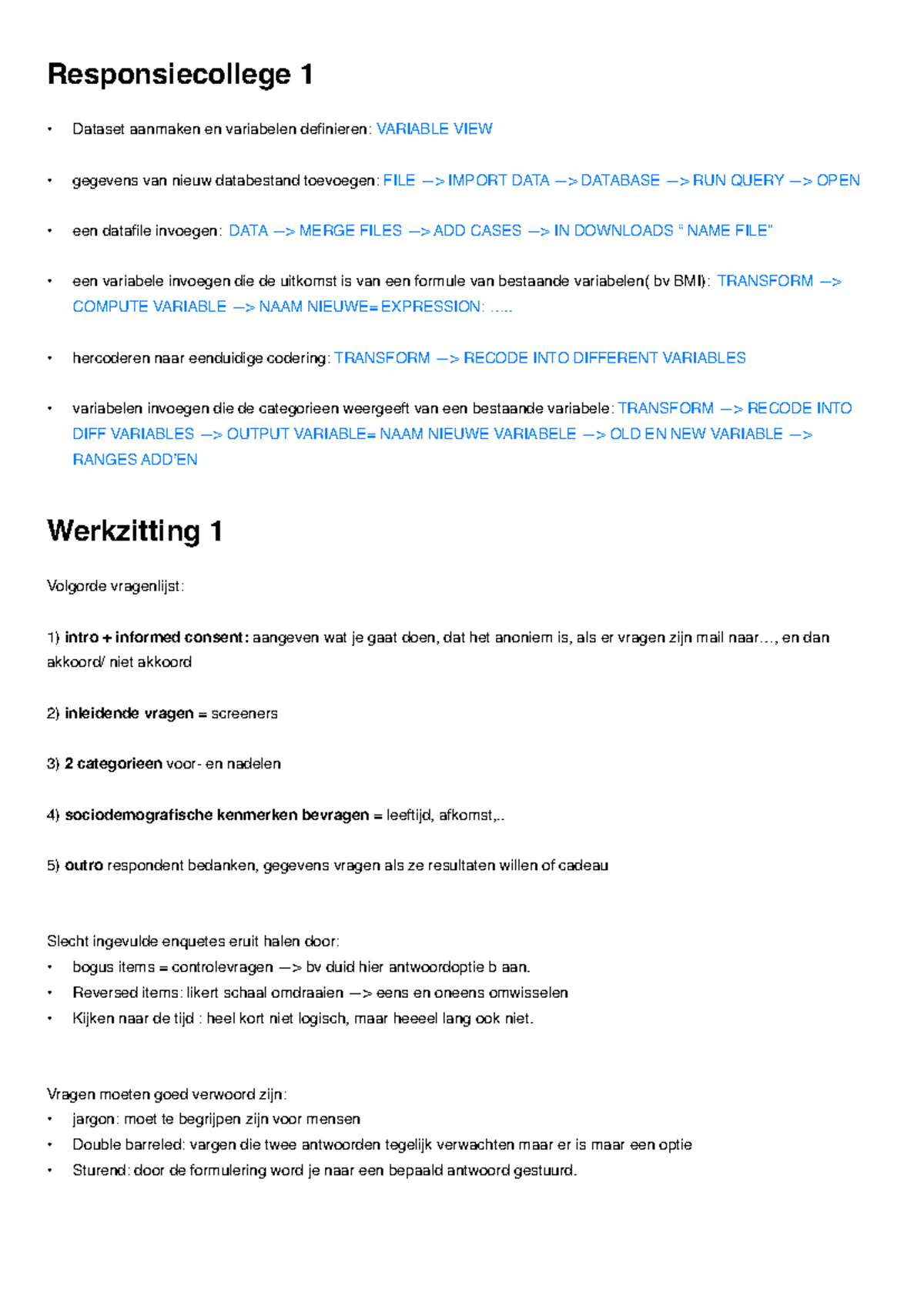 Schema SPSS - Responsiecollege 1 • Dataset aanmaken en variabelen ...