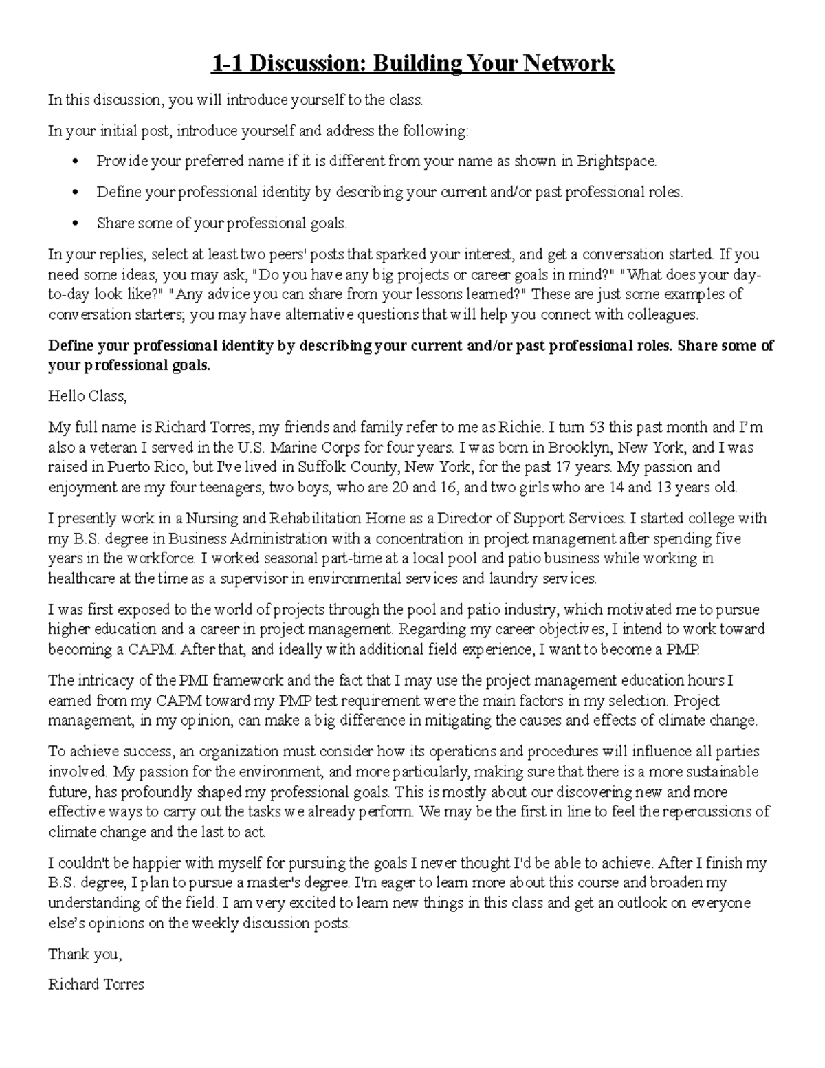 1-1 Discussion Building Your Network - In your initial post, introduce ...